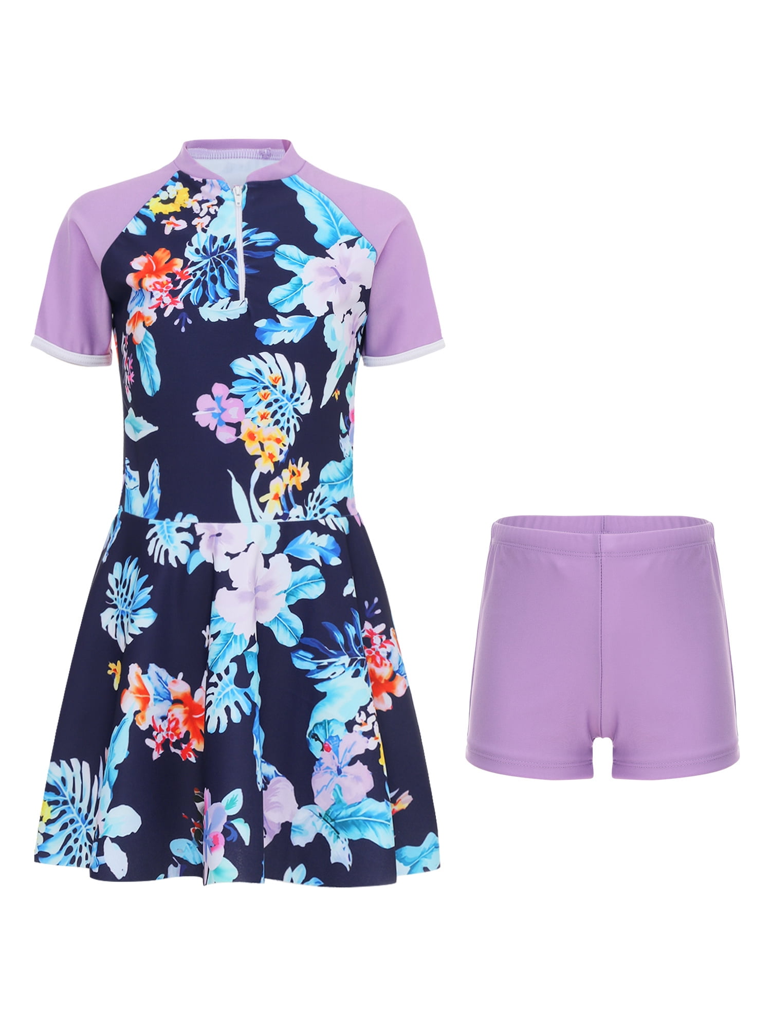 YIZYIF Girls Floral/Stripes Print Swimsuit Quickly-dry Swim Dress with ...