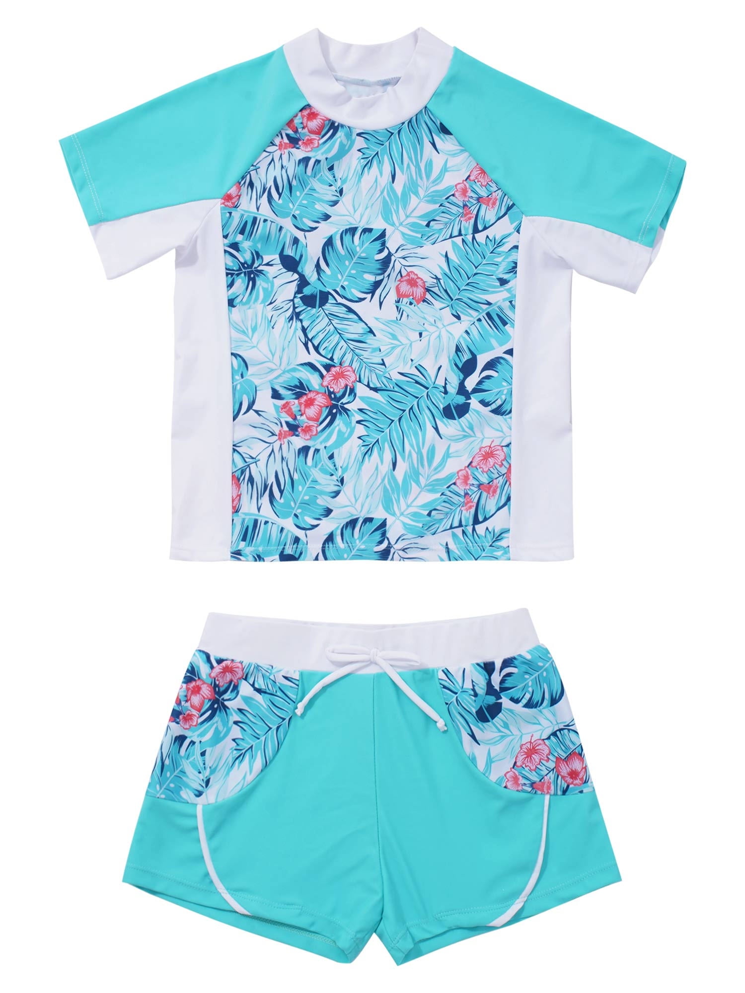 YIZYIF Girls Flowers Print 2Pcs Swimsuit Short Sleeve Swimming Shirt ...