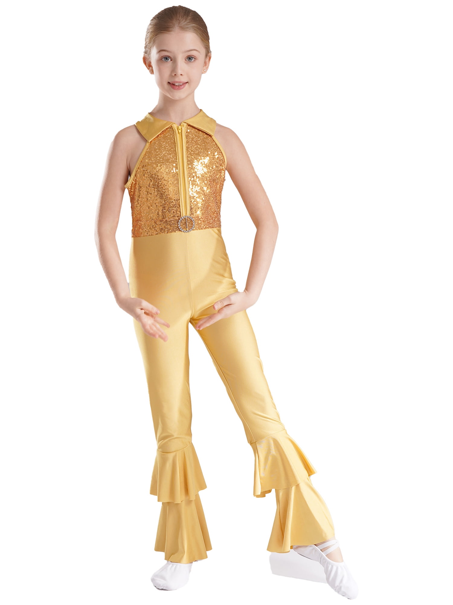 YIZYIF Girls Full Length Bronzing Gymnastics Unitard Metallic Shiny ...