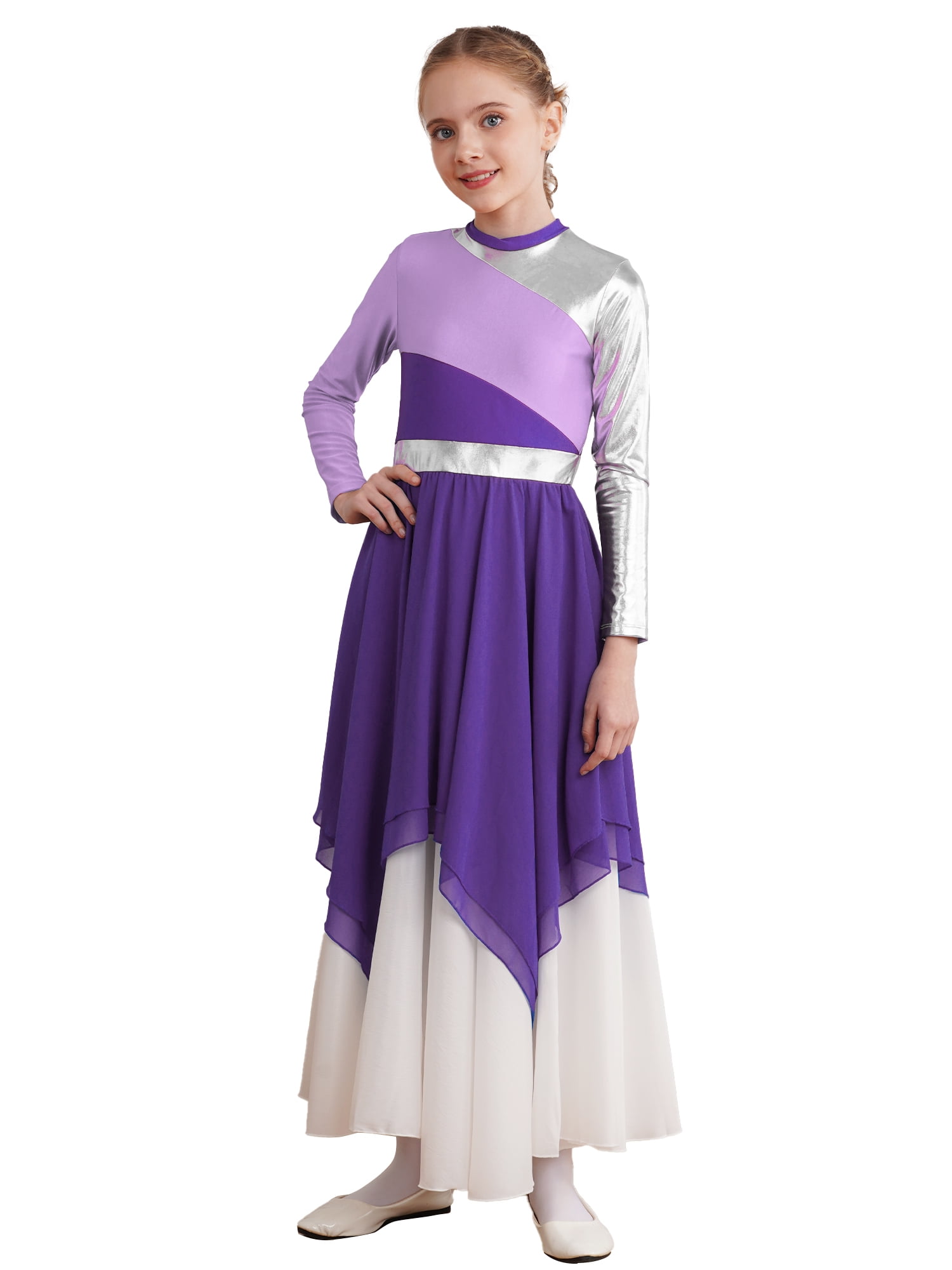 YIZYIF Girls Metallic Long Sleeve Praise Dance Dress Color Contrast ...