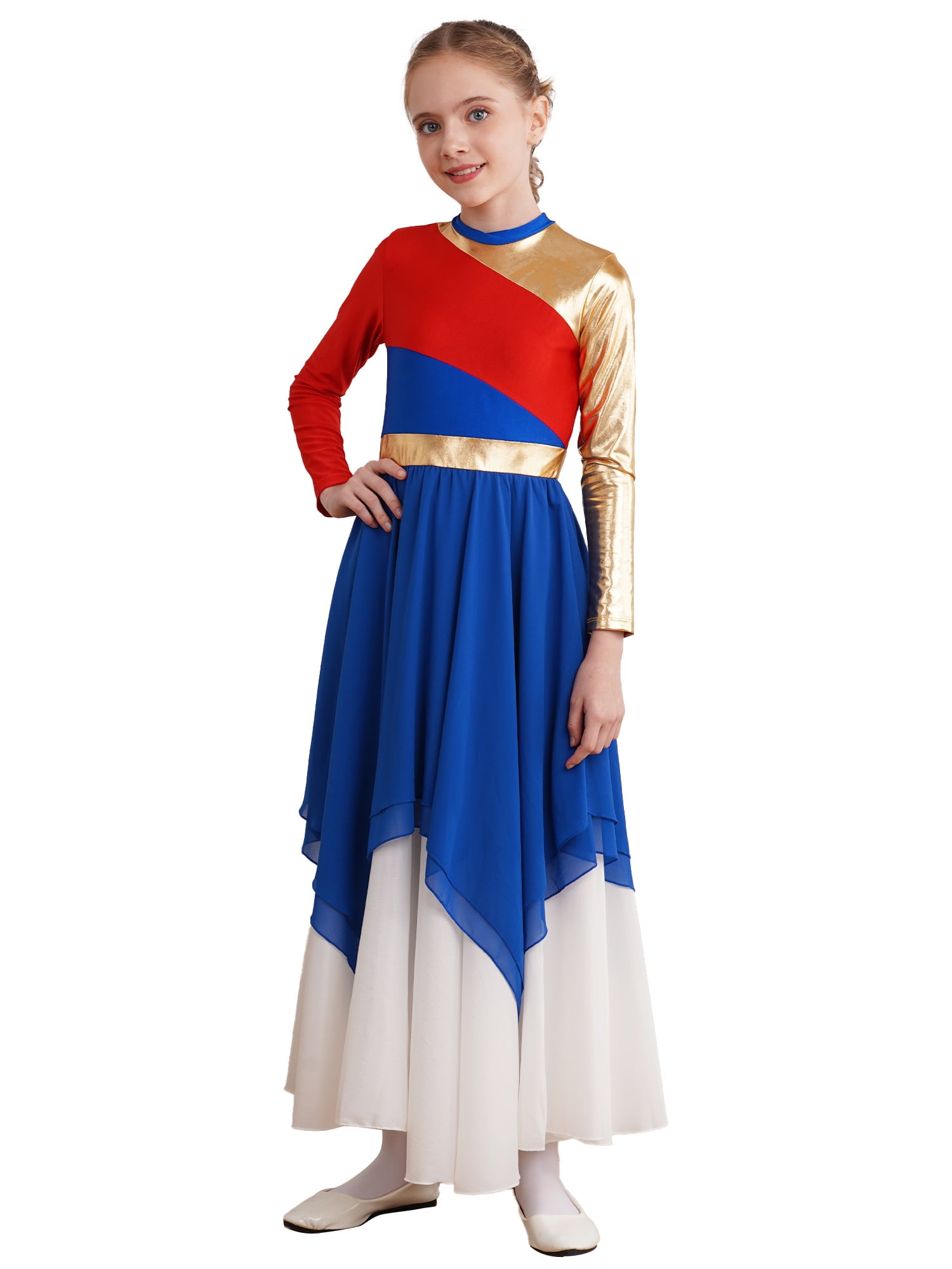 YIZYIF Girls Metallic Long Sleeve Praise Dance Dress Color Contrast ...