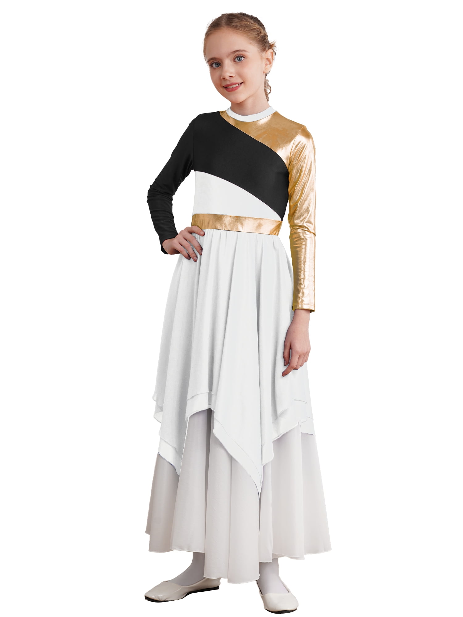 YIZYIF Girls Metallic Long Sleeve Praise Dance Dress Color Contrast ...