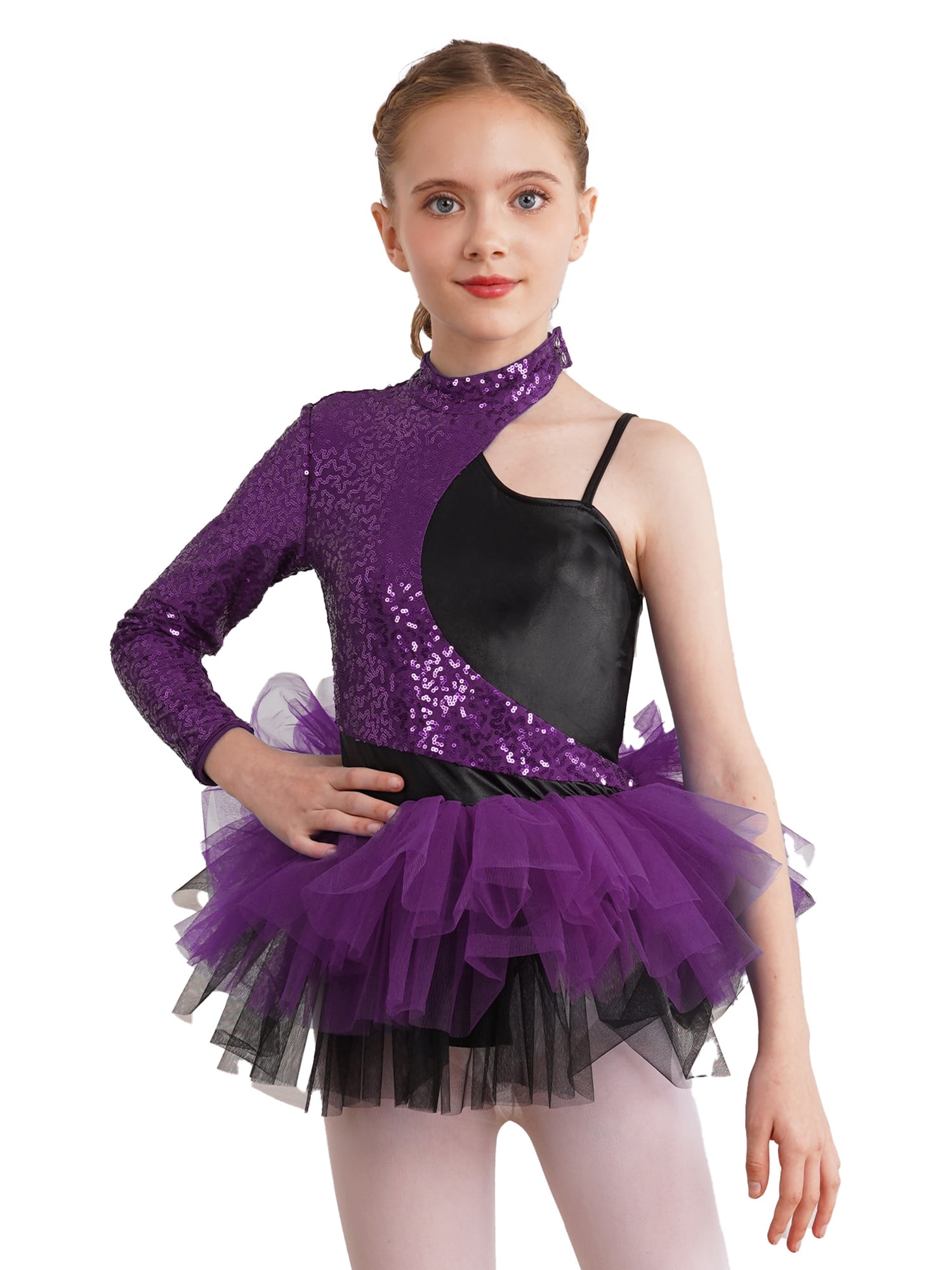 YIZYIF Girls Sequins Ballet Jazz Dance Dress Asymmetrical Sleeve ...
