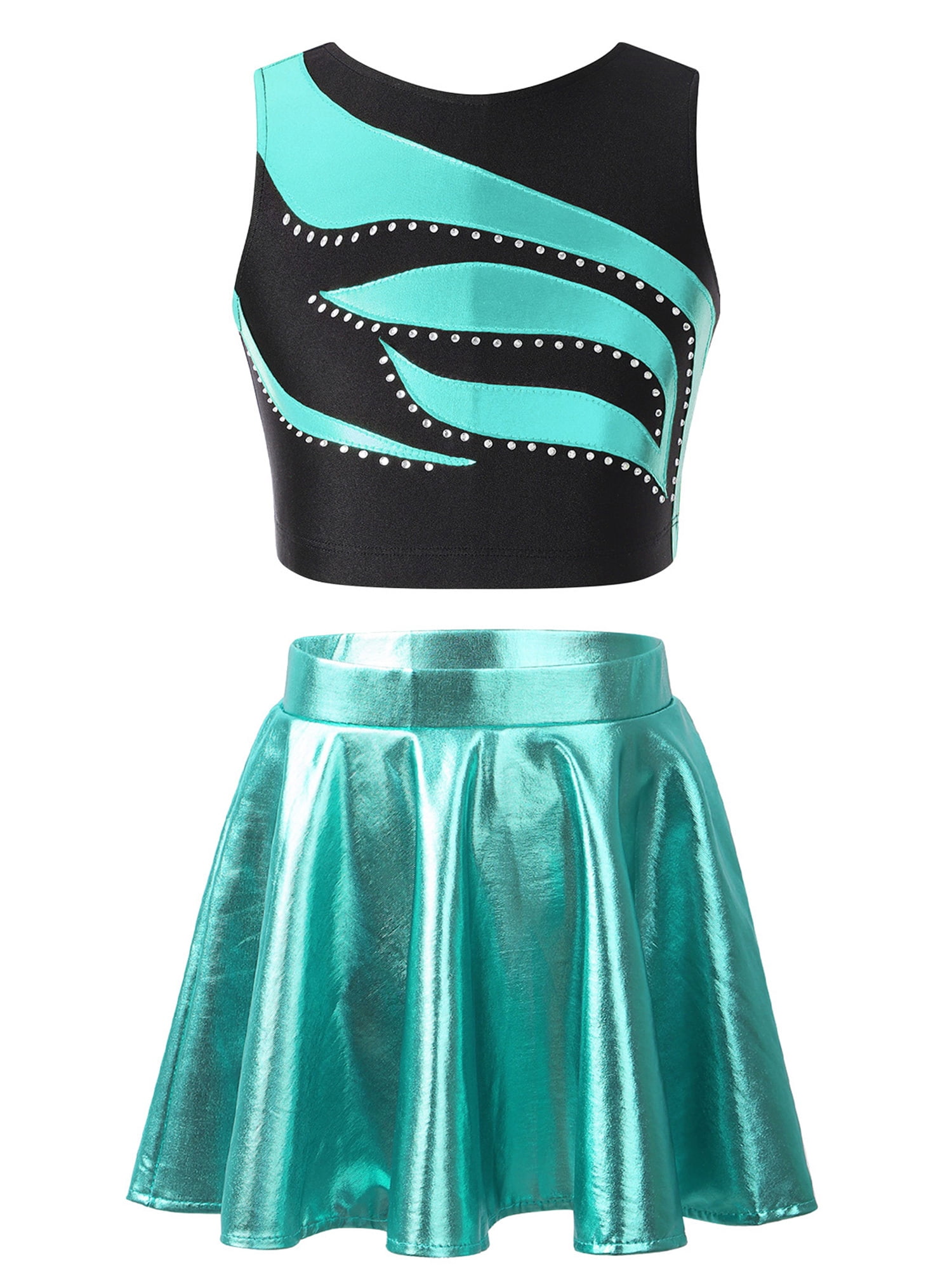 YIZYIF Girls Shiny Metallic Crop Top with Ruffled A-Line Skirt Skort ...