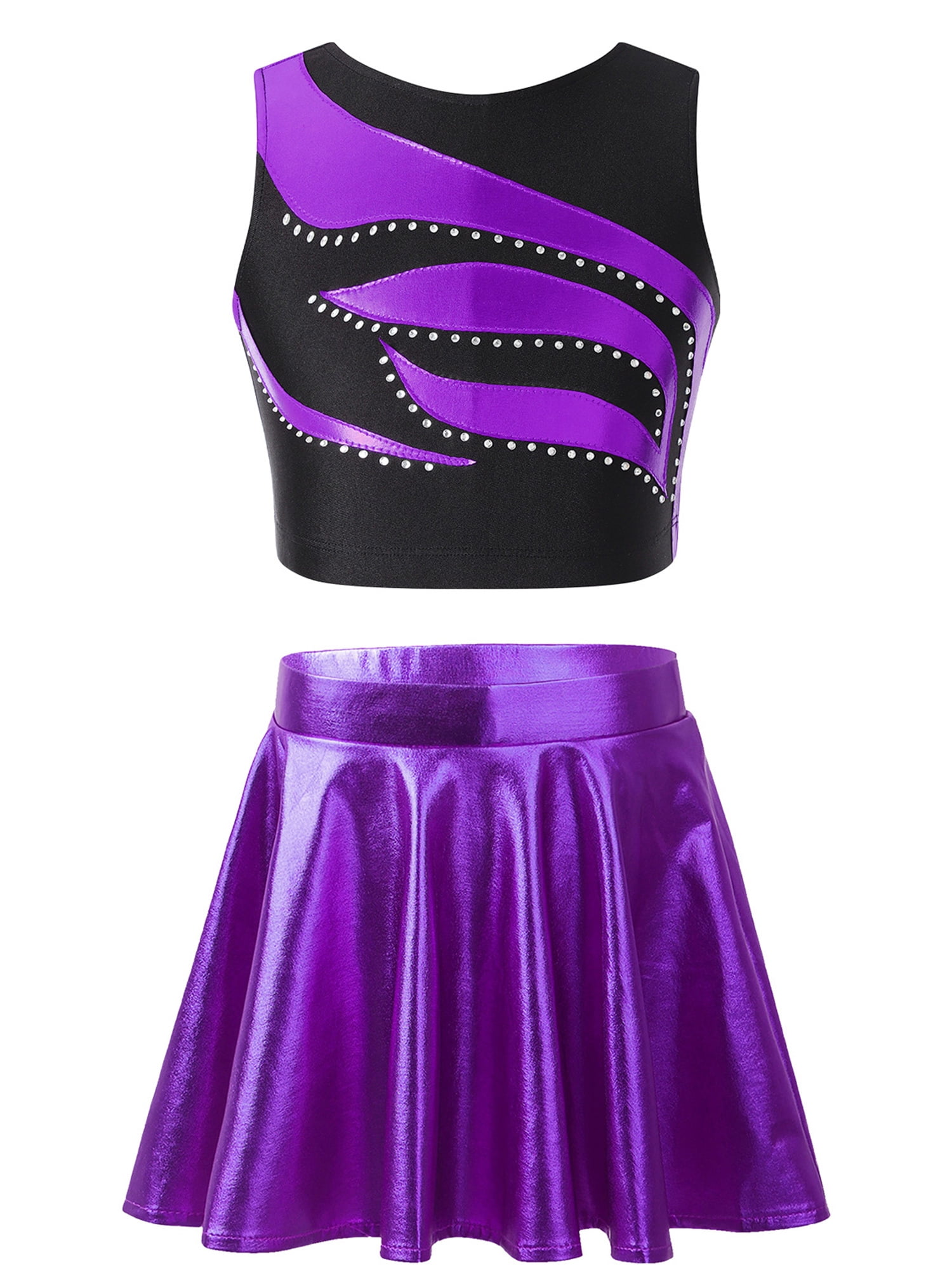 YIZYIF Girls Shiny Metallic Crop Top with Ruffled A-Line Skirt Skort ...