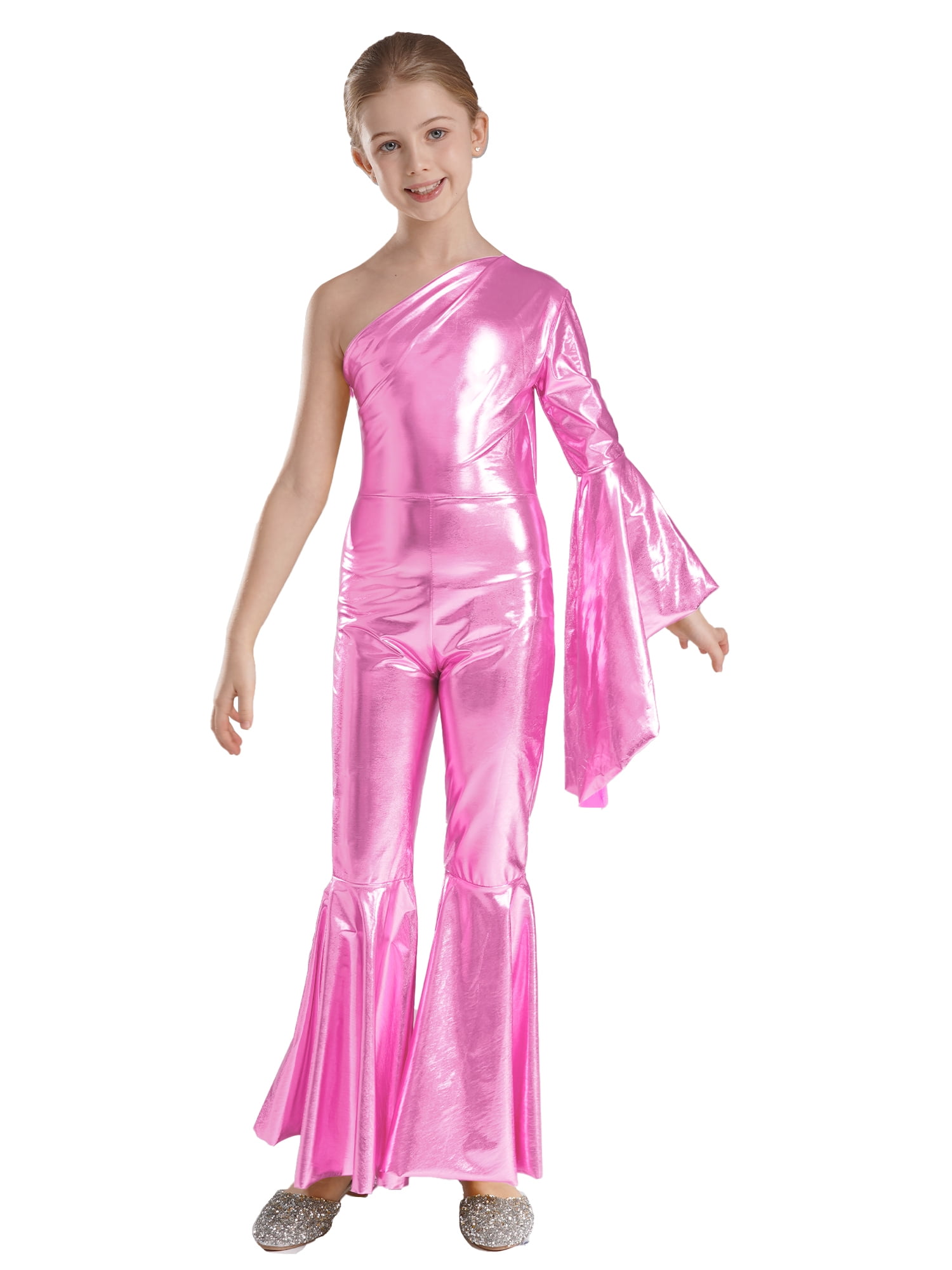 Yizyif Girls Shiny Metallic Dance Long Jumpsuit Carnival Performance Outfit Flare Sleeve Side