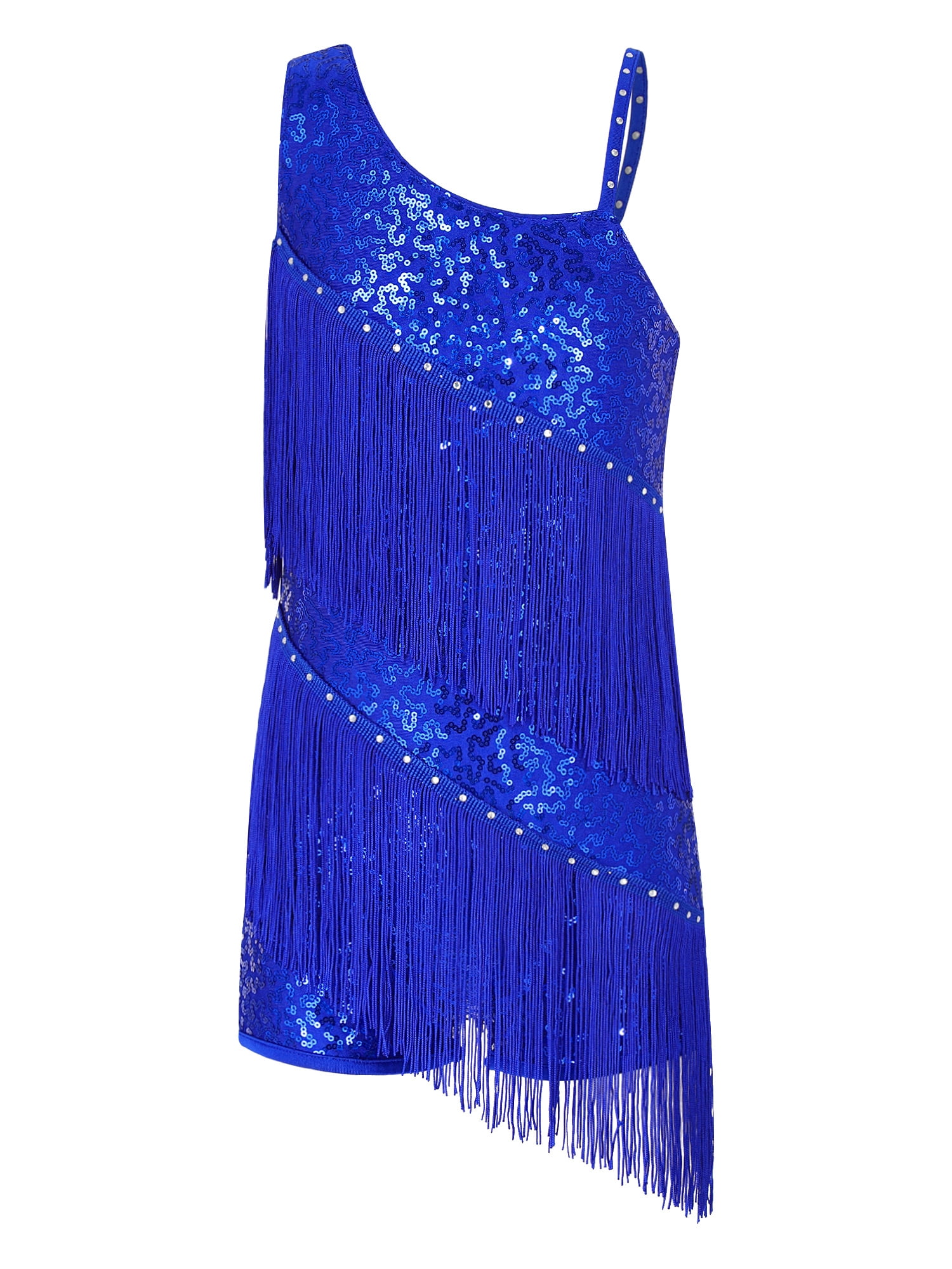 Yizyif Girls Shiny Sequins Tassels Latin Dance Leotard Rhinestones