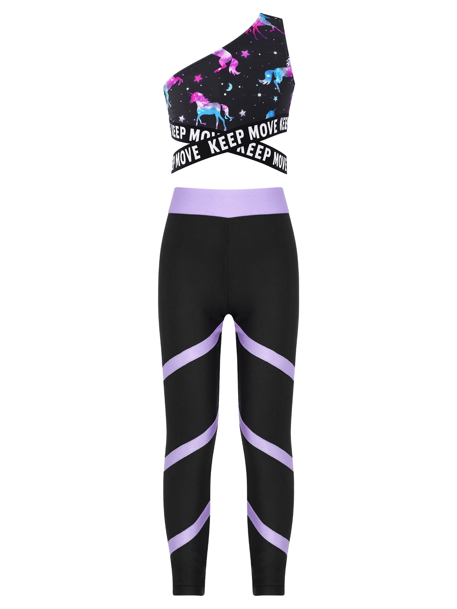 YIZYIF Girls Sports Suit Single Shoulder Crop Top with Long Pants Gym ...