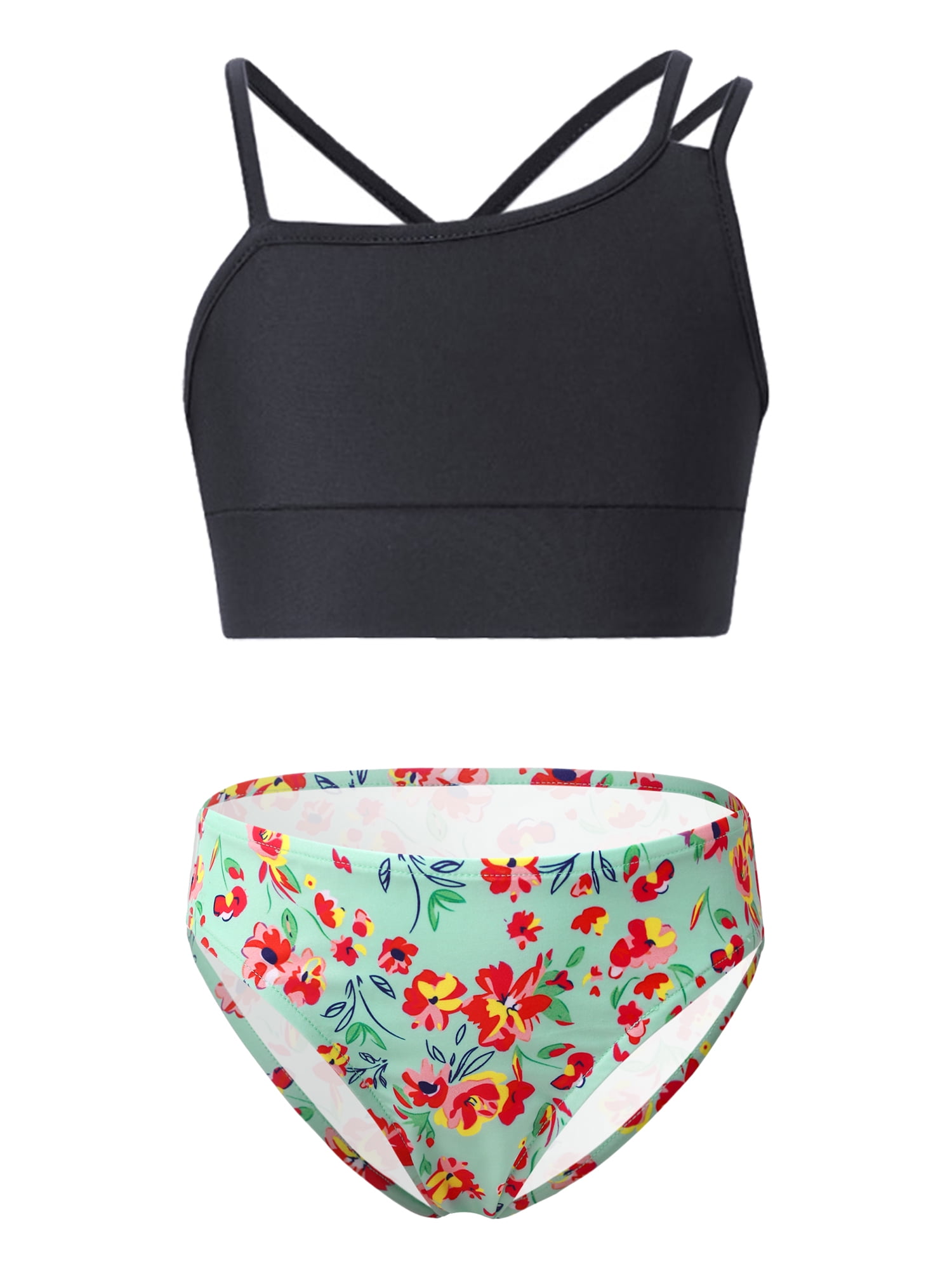 YIZYIF Kids Girls 2Pcs Swimsuit Pool Swimming Swimwear Solid Strappy ...