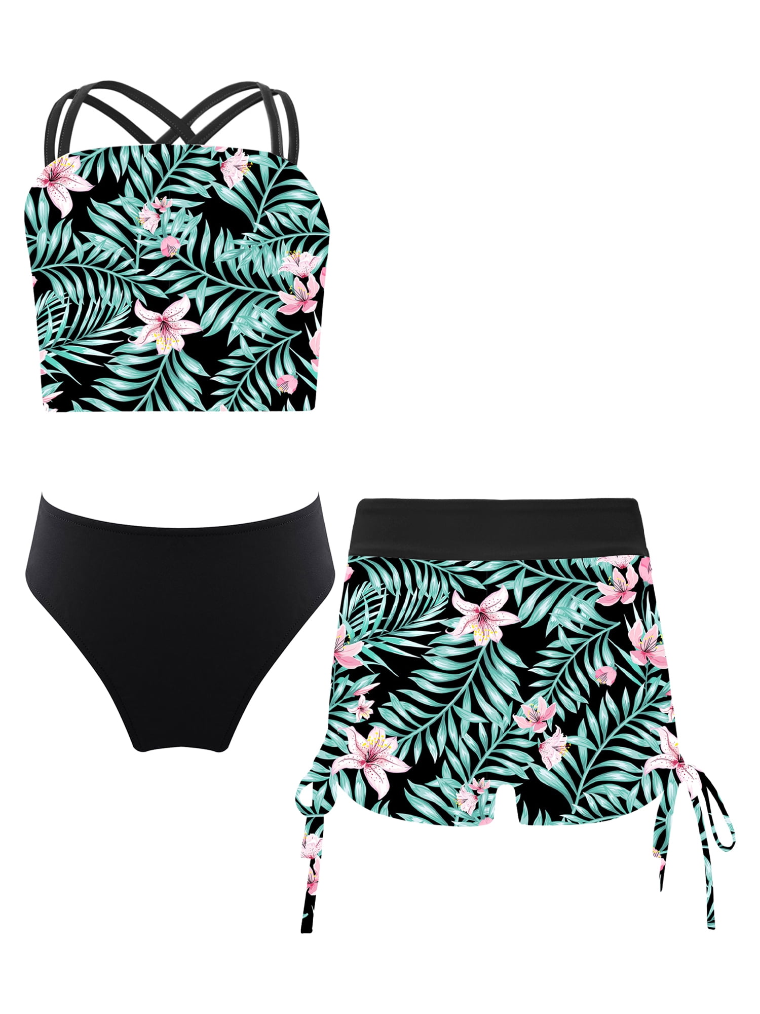 YIZYIF Kids Girls 3Pcs Swimsuit Racer Back Swimming Tops with Shorts ...