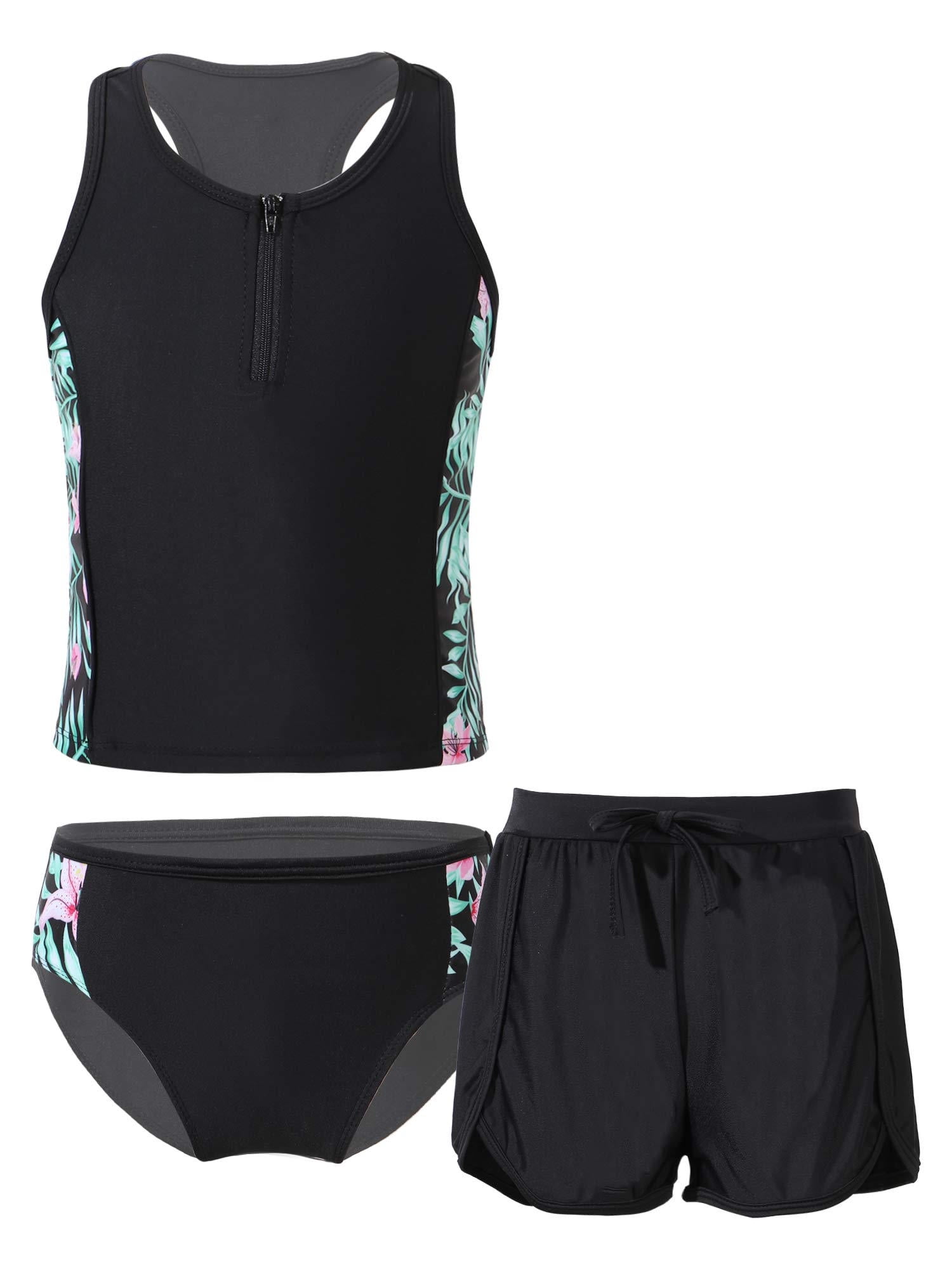 YIZYIF Kids Girls 3Pcs Swimsuit Racer Back Swimming Tops with Shorts ...