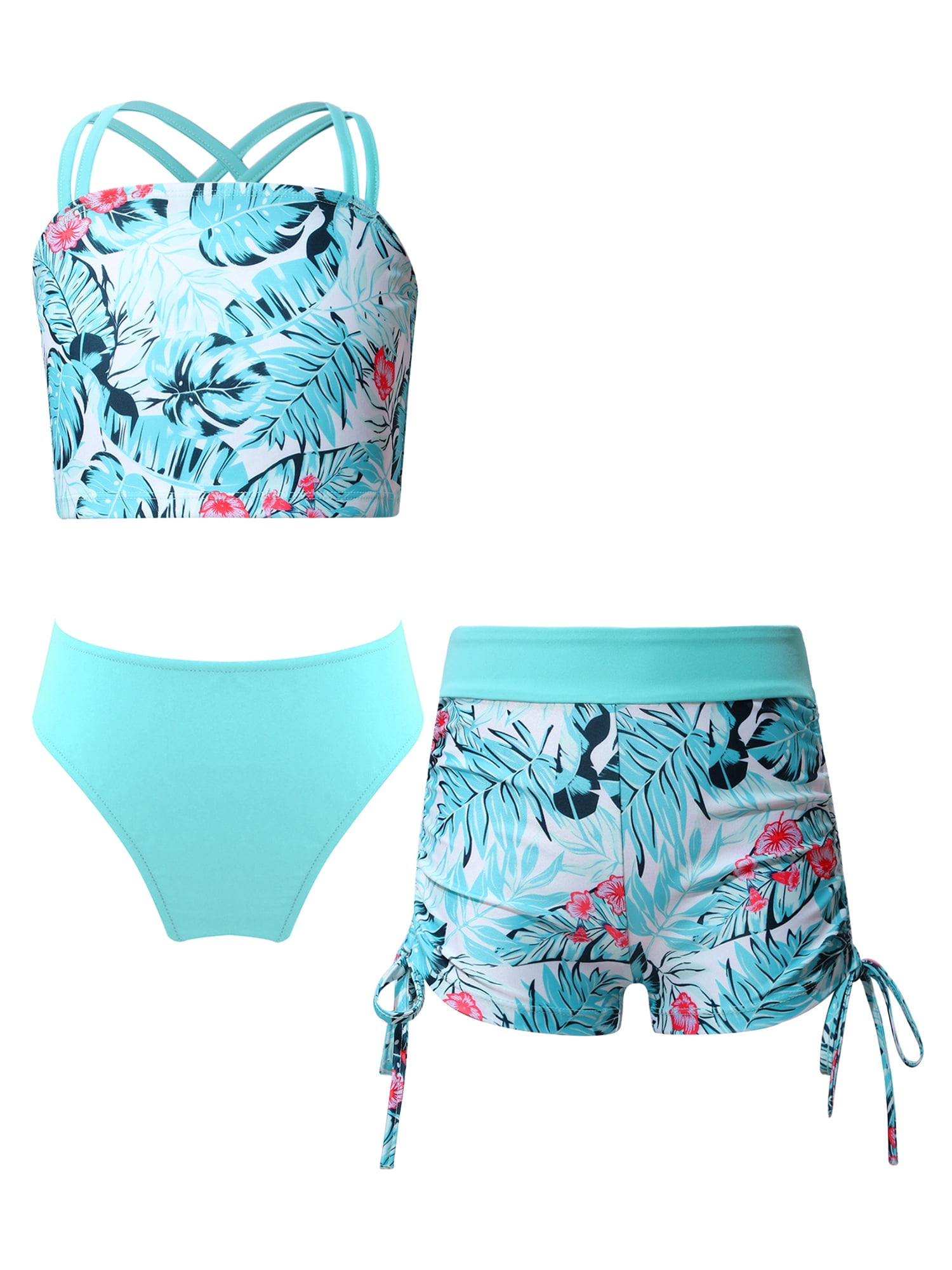 YIZYIF Kids Girls 3Pcs Swimsuit Racer Back Swimming Tops with Shorts ...