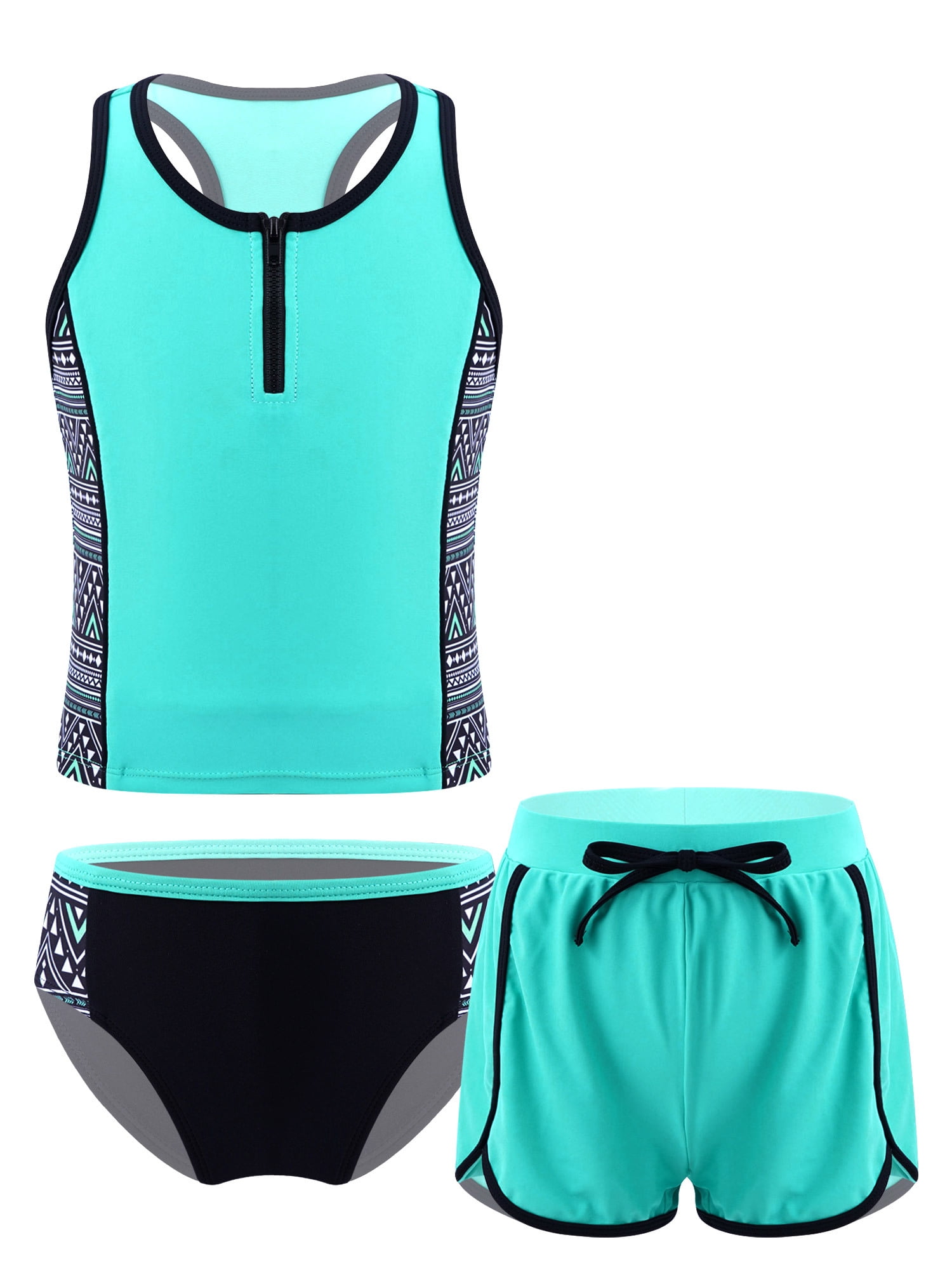 YIZYIF Kids Girls 3Pcs Swimsuit Racer Back Swimming Tops with Shorts ...