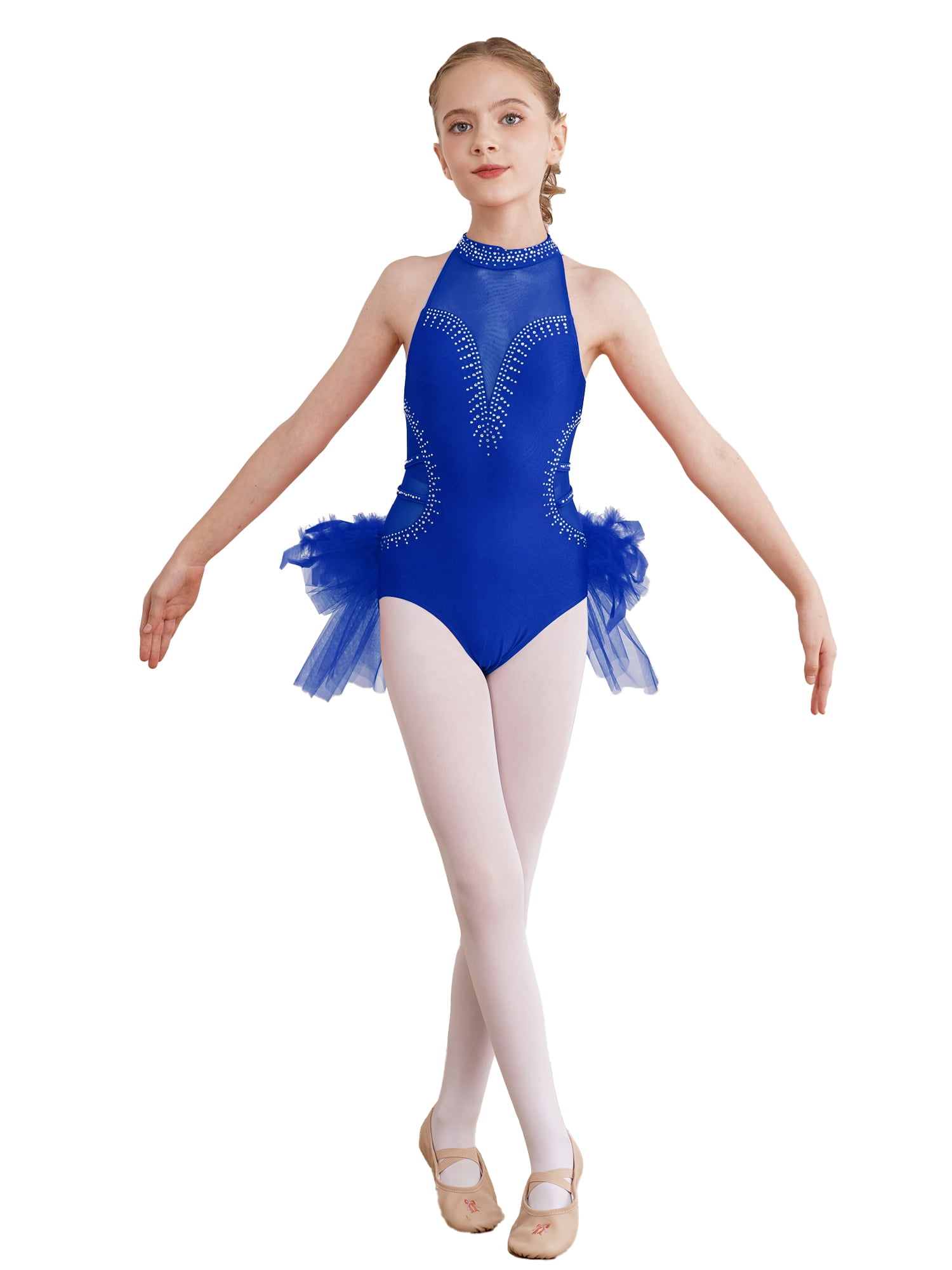 YIZYIF Kids Girls Ballet Dance Costume Rhinestone Sheer Mesh Patchwork ...