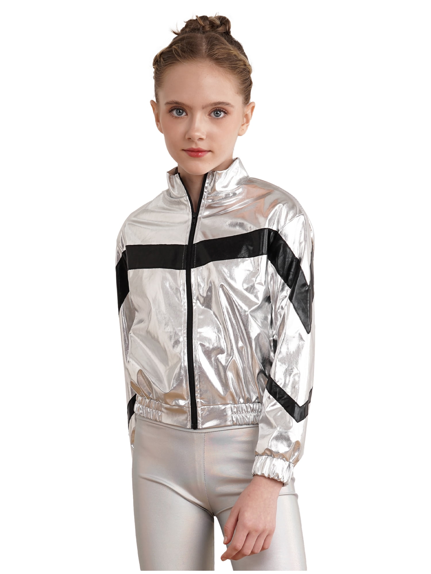 YIZYIF Kids Girls Casual Metallic Zipper Front Jacket Glossy Contrast ...