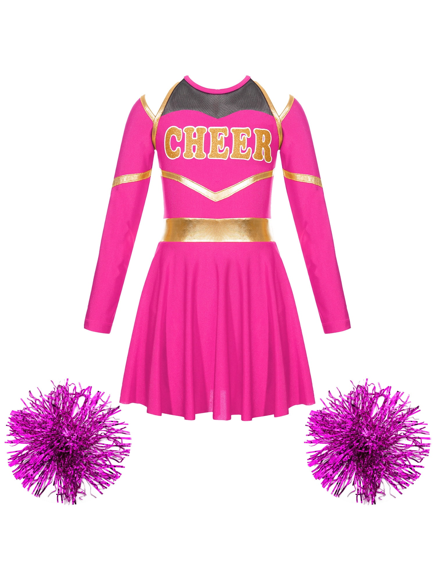 YIZYIF Kids Girls Cheer Leader Dance Dress Long Sleeve Cold Shoulder ...