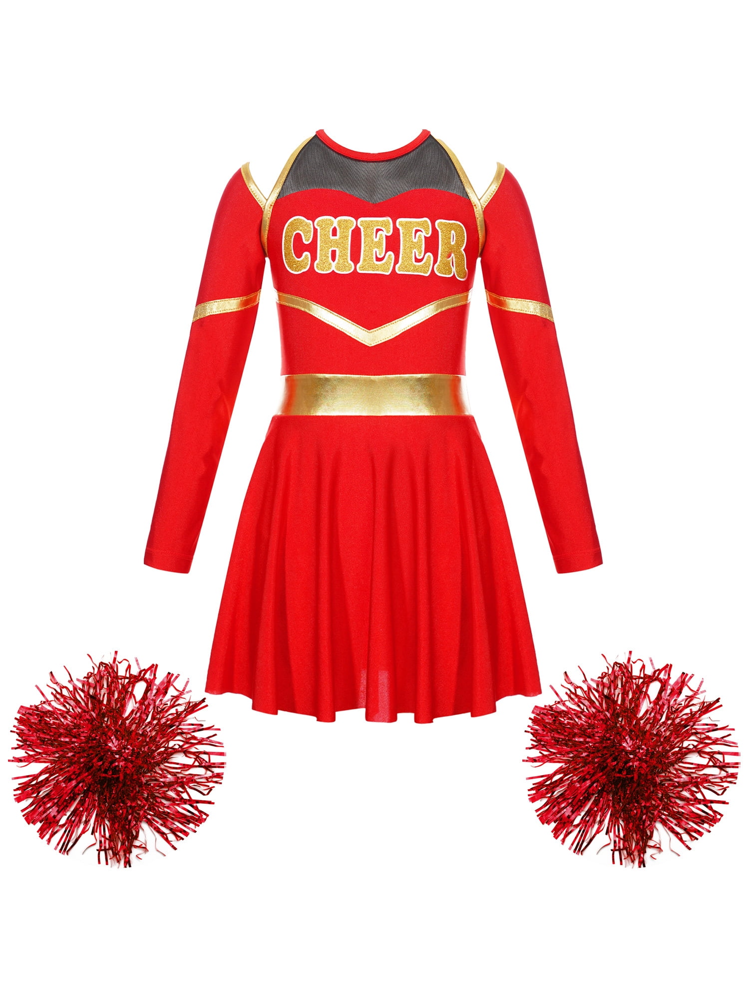 YIZYIF Kids Girls Cheer Leader Dance Dress Long Sleeve Cold Shoulder ...