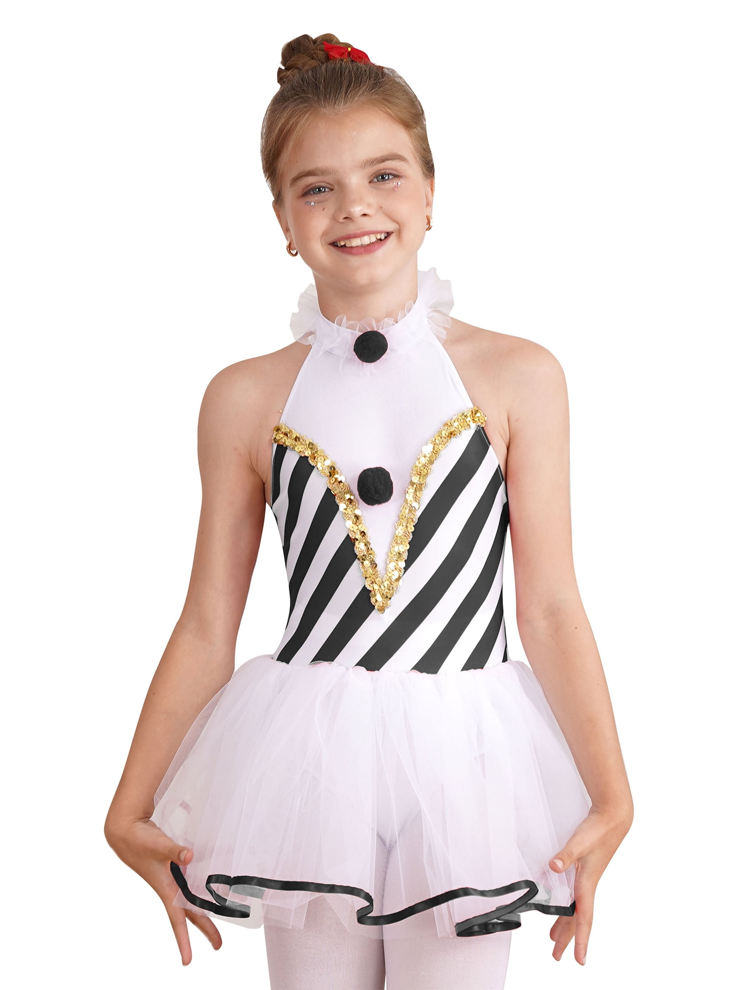 YIZYIF Kids Girls Christmas Ballet Dance Dress Halter Neck Stripes Tutu Leotard Dress Carnival ...