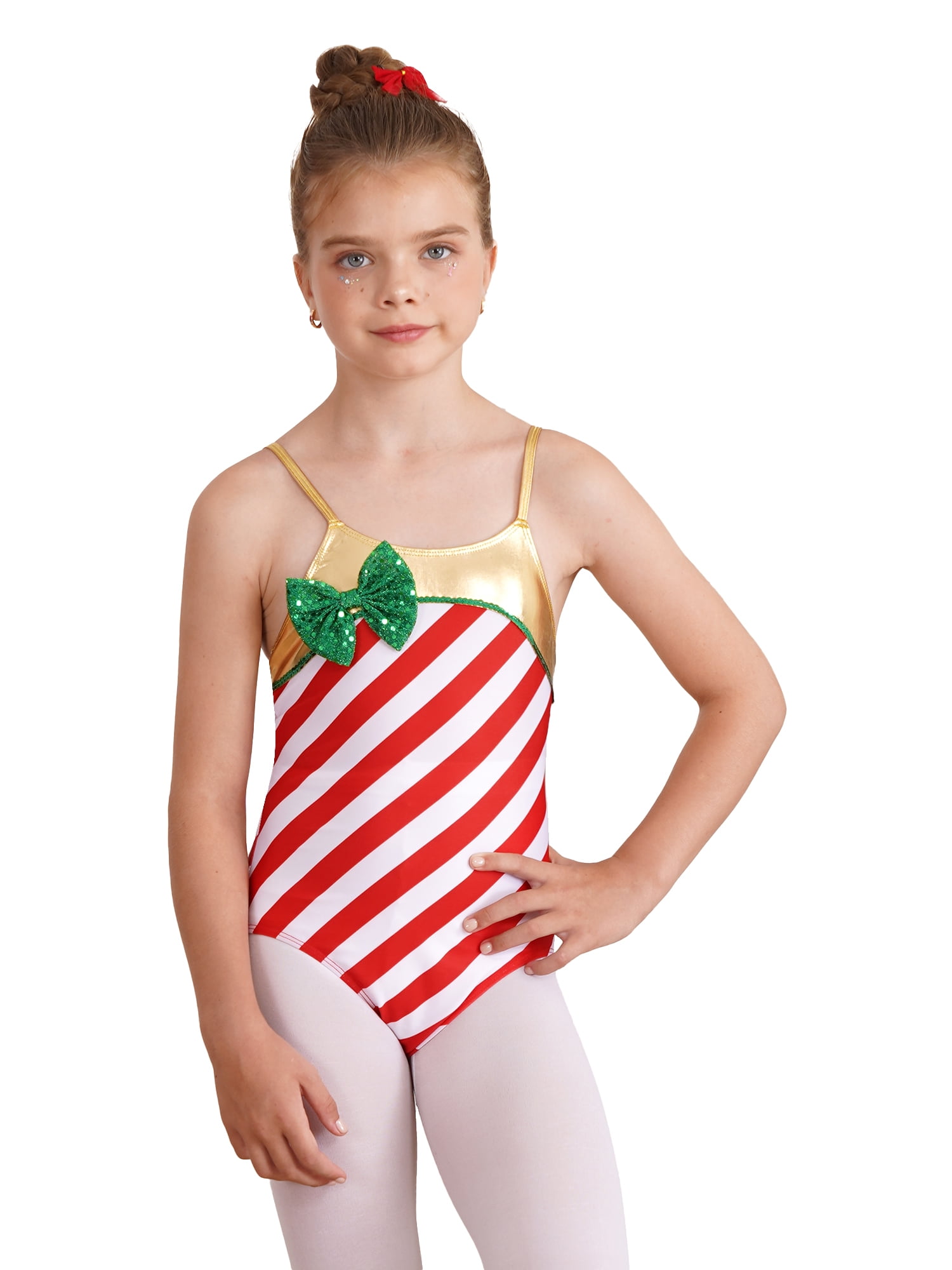 YIZYIF Kids Girls Christmas Santa Candy Costume Stripes Dance Leotard ...