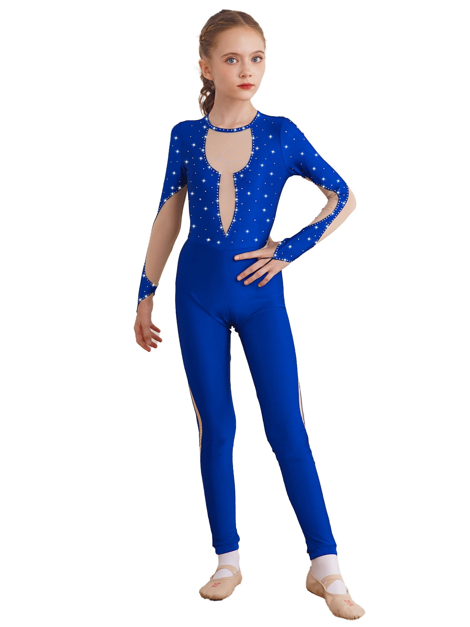 YIZYIF Kids Girls Figure Skating Long Jumpsuit Gymnastics Dance Unitard ...