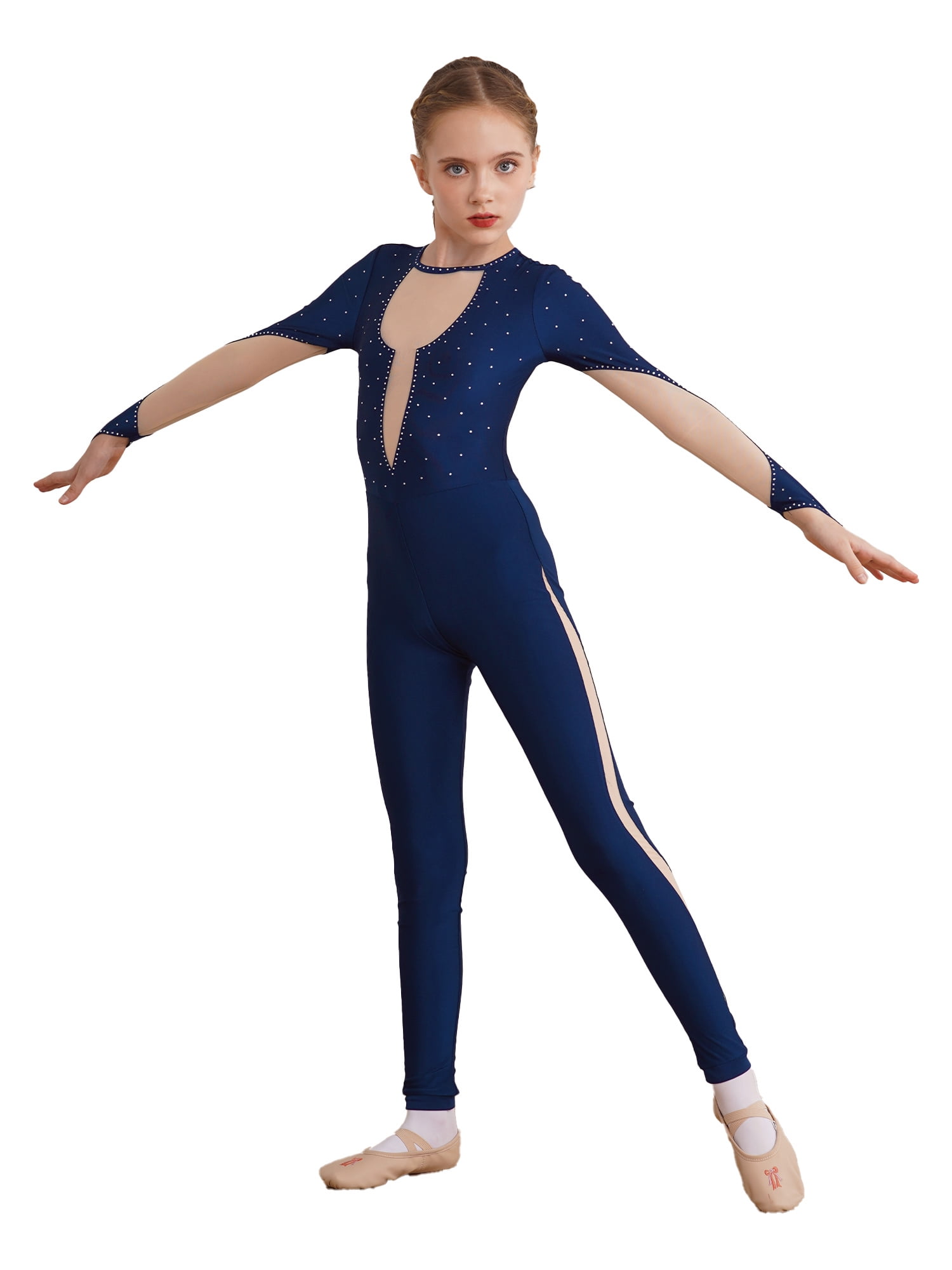 YIZYIF Kids Girls Figure Skating Long Jumpsuit Gymnastics Dance Unitard ...