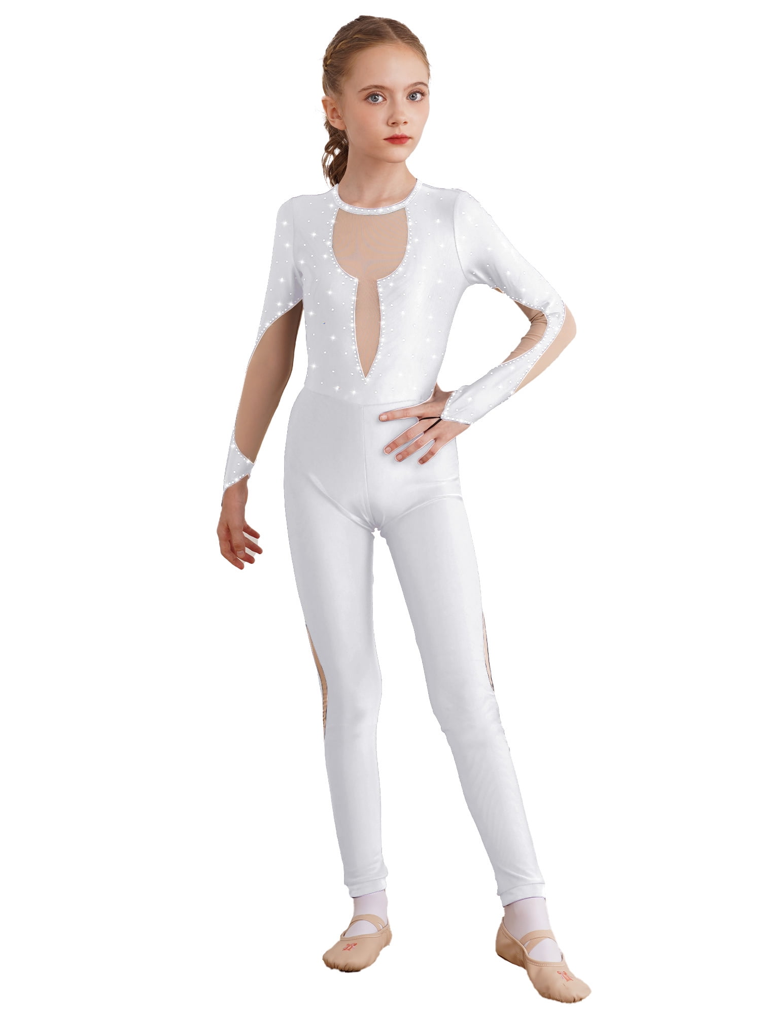 YIZYIF Kids Girls Figure Skating Long Jumpsuit Gymnastics Dance Unitard ...