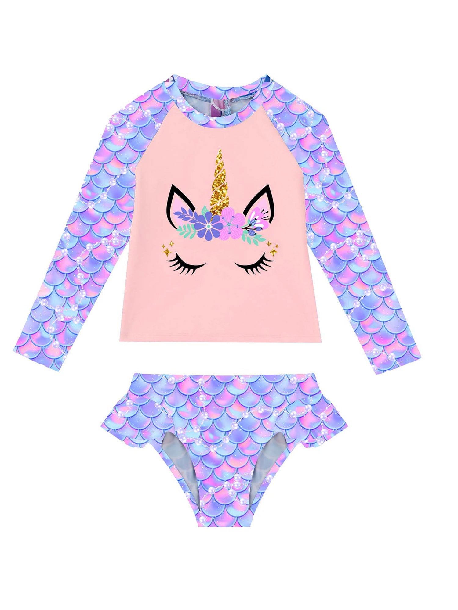 YIZYIF Kids Girls Fish Scales Print Bathing Suit 2Pcs Long Sleeve ...
