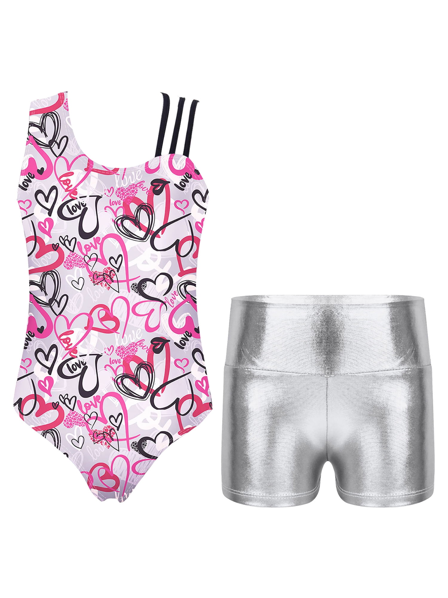 YIZYIF Kids Girls Gymnastics Dance Sports Set Asymmetric Shoulder Fancy ...