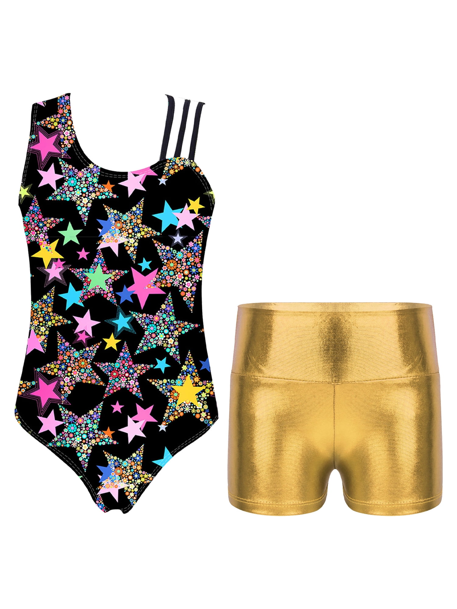YIZYIF Kids Girls Gymnastics Dance Sports Set Asymmetric Shoulder Fancy ...