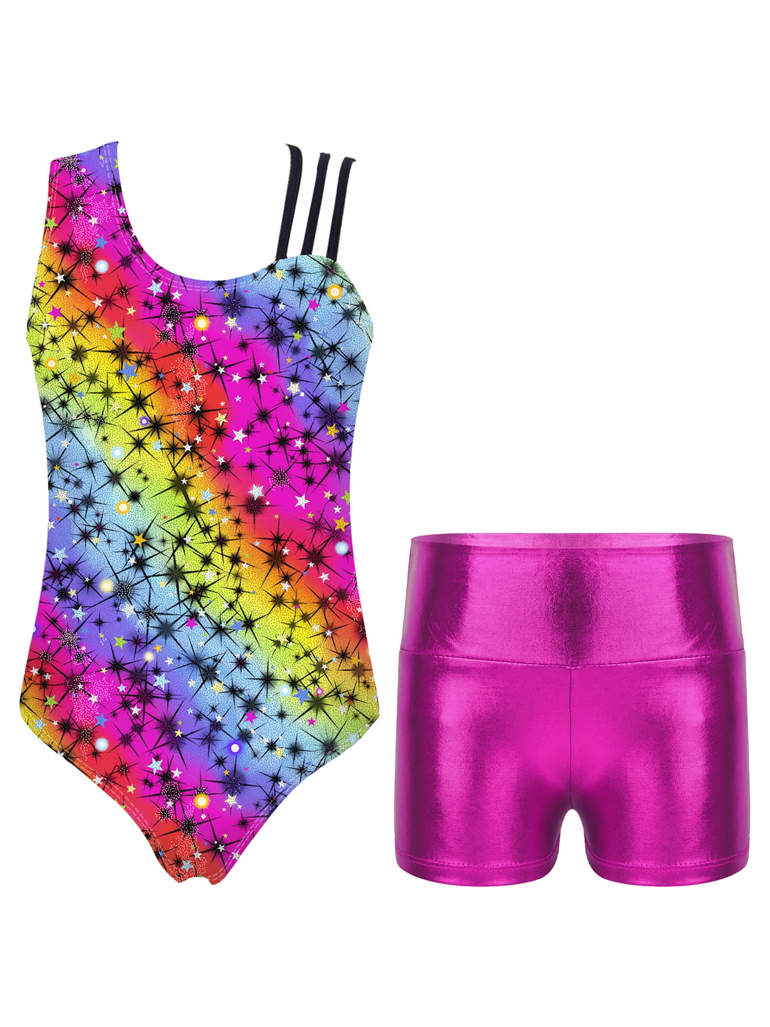 YIZYIF Kids Girls Gymnastics Dance Sports Set Asymmetric Shoulder Fancy ...