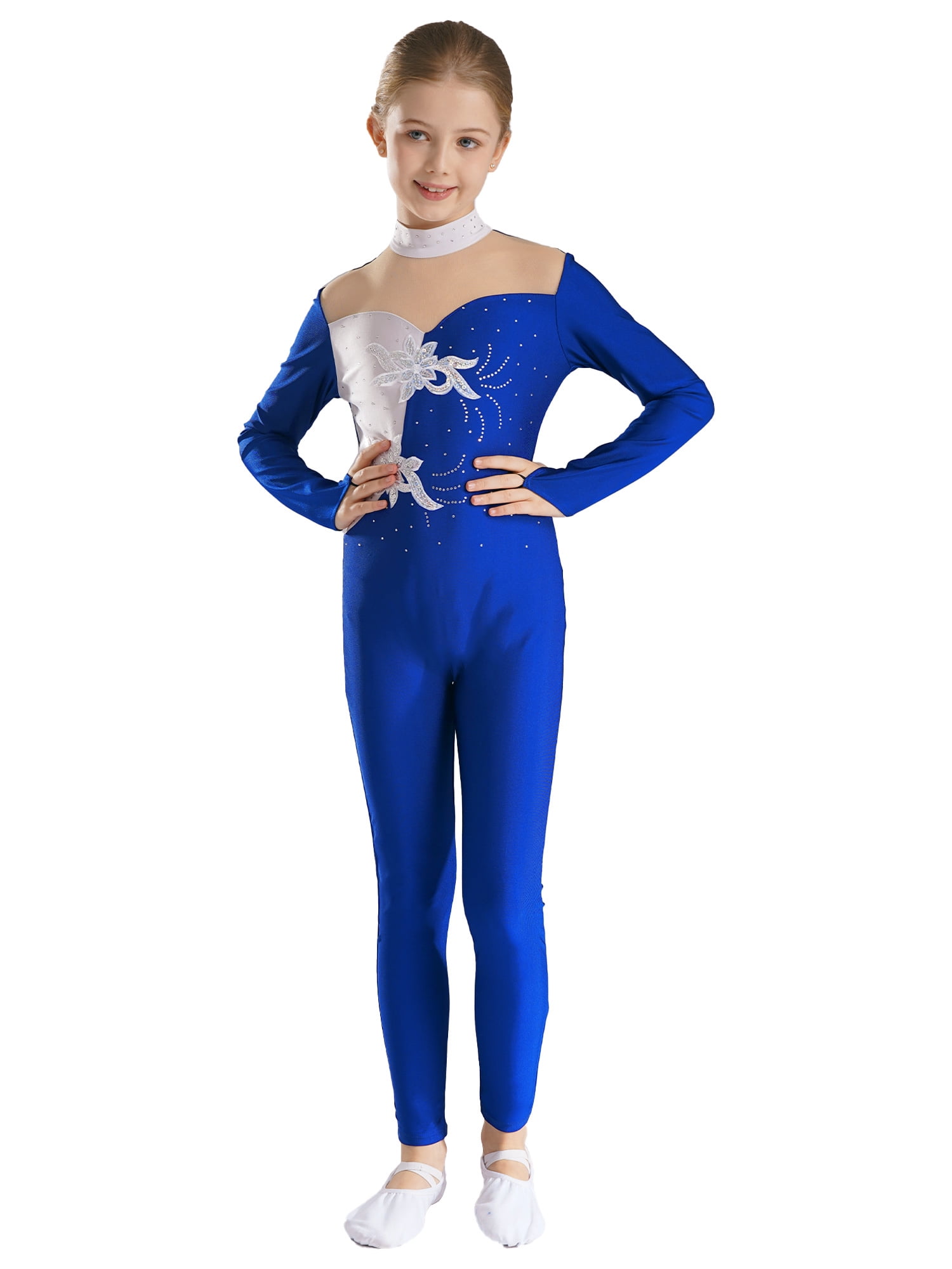 YIZYIF Kids Girls Gymnastics Long Jumpsuit Long Sleeve Mesh Sequins ...