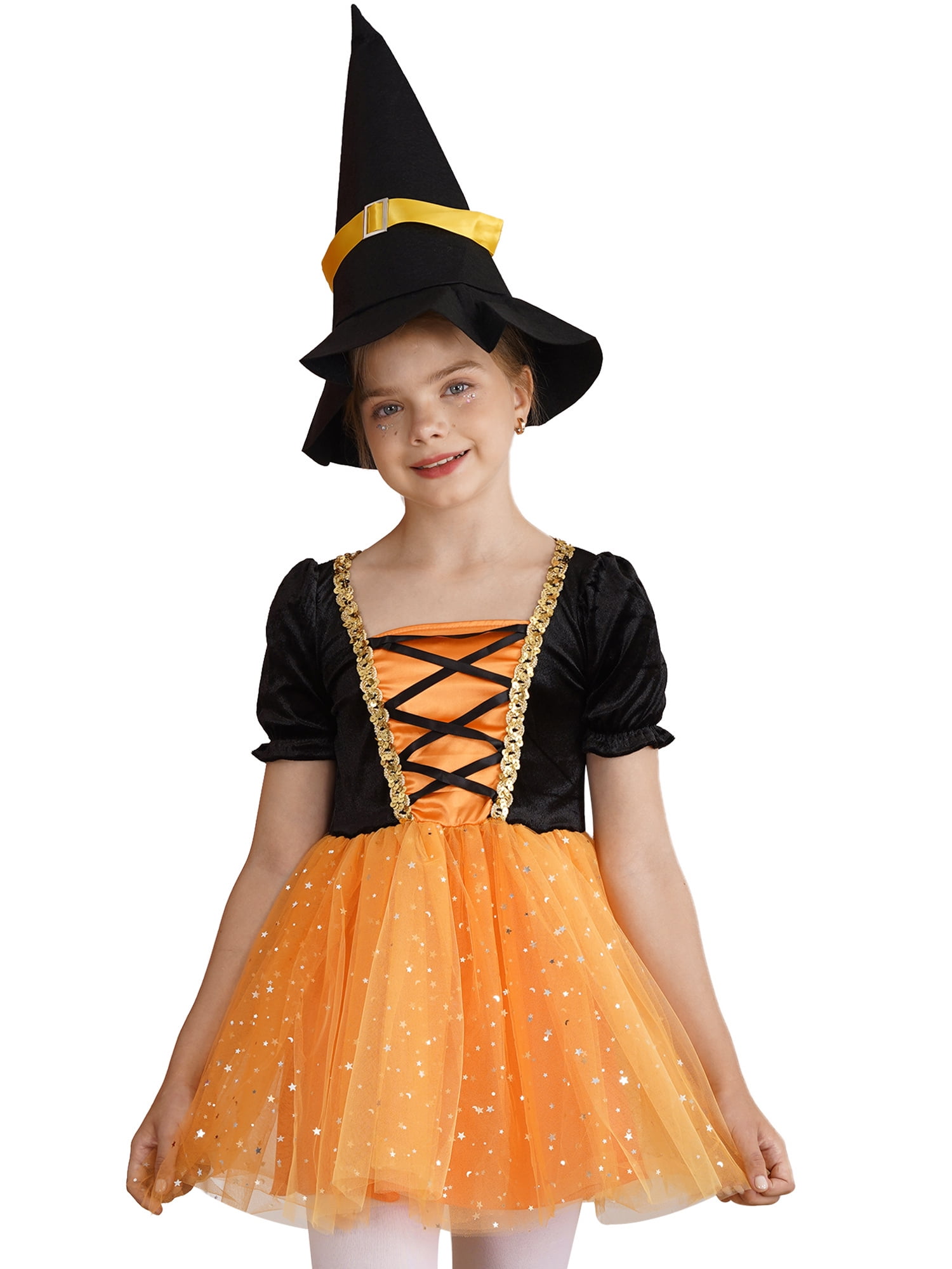 YIZYIF Kids Girls Halloween Cosplay Dress Witch Costume Glittery Mesh ...