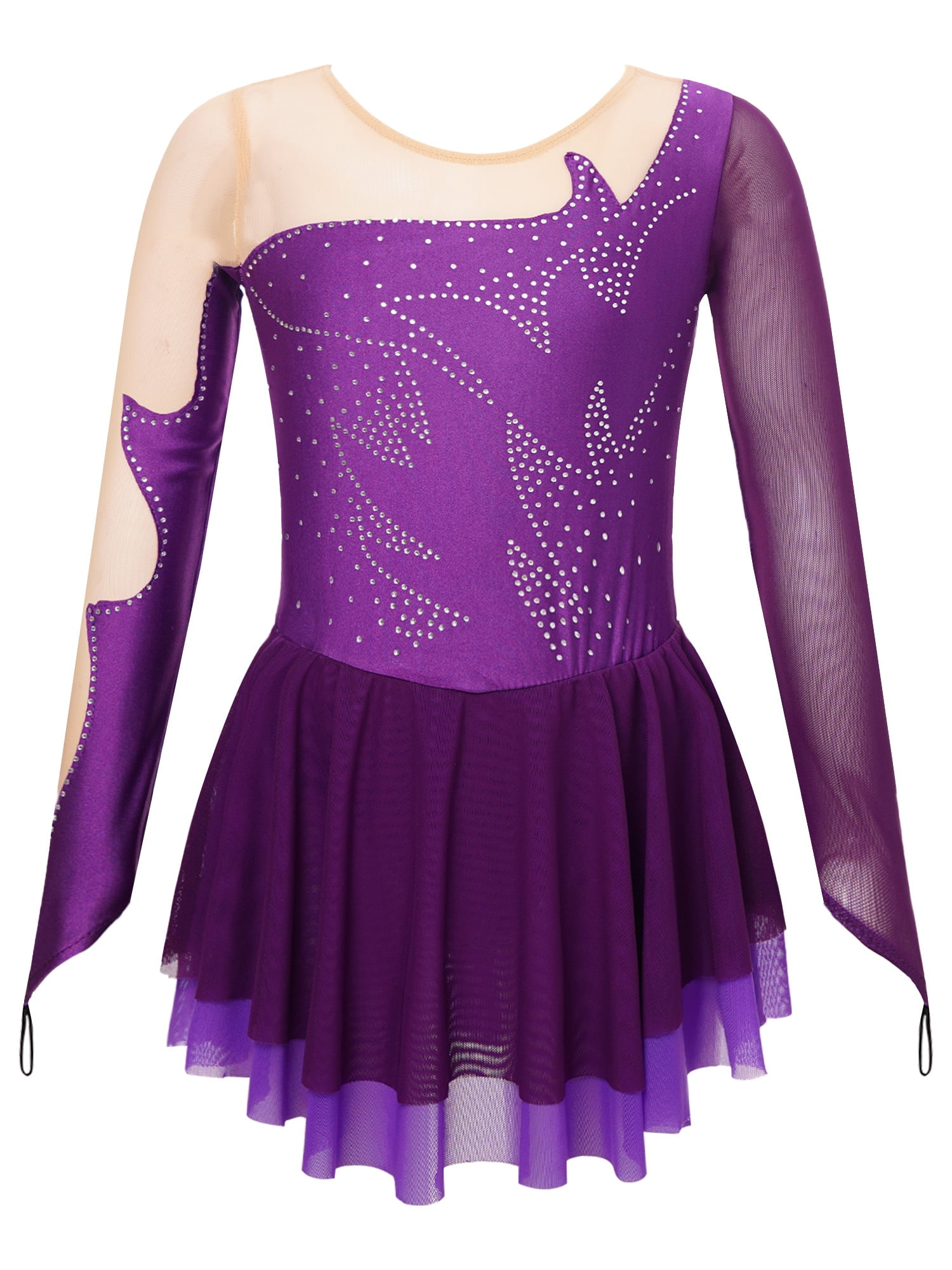 YIZYIF Kids Girls Long Sleeve Shiny Rhinestone Skating Dance Dress ...