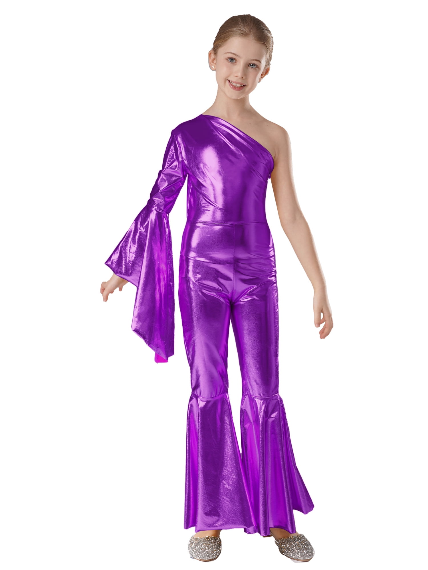 YIZYIF Kids Girls Metallic Bell Bottoms Jumpsuit One Shoulder Flare ...