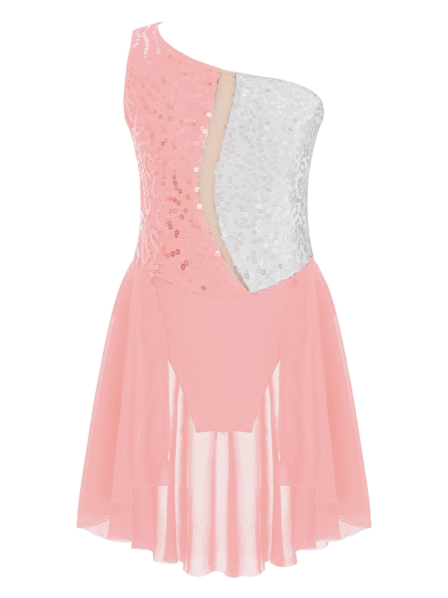 YIZYIF Kids Girls Sequins Figure Skating Dress One Shoulder Dance ...