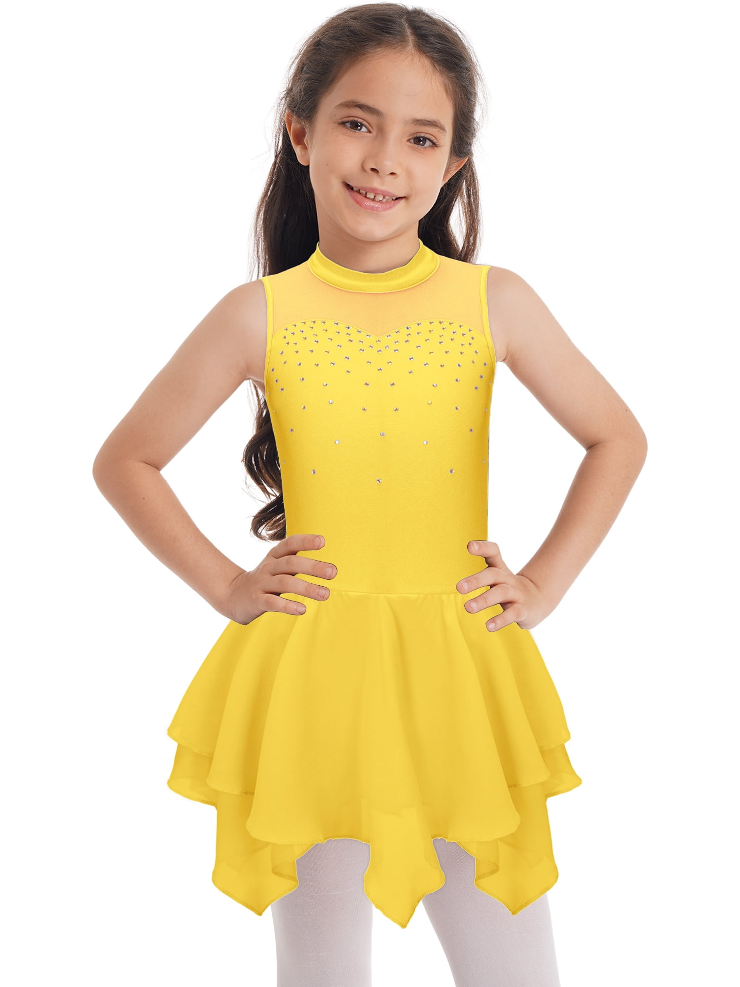 YIZYIF Kids Girls Sequins Mesh Patchwork Skating Leotard Mock Neck ...