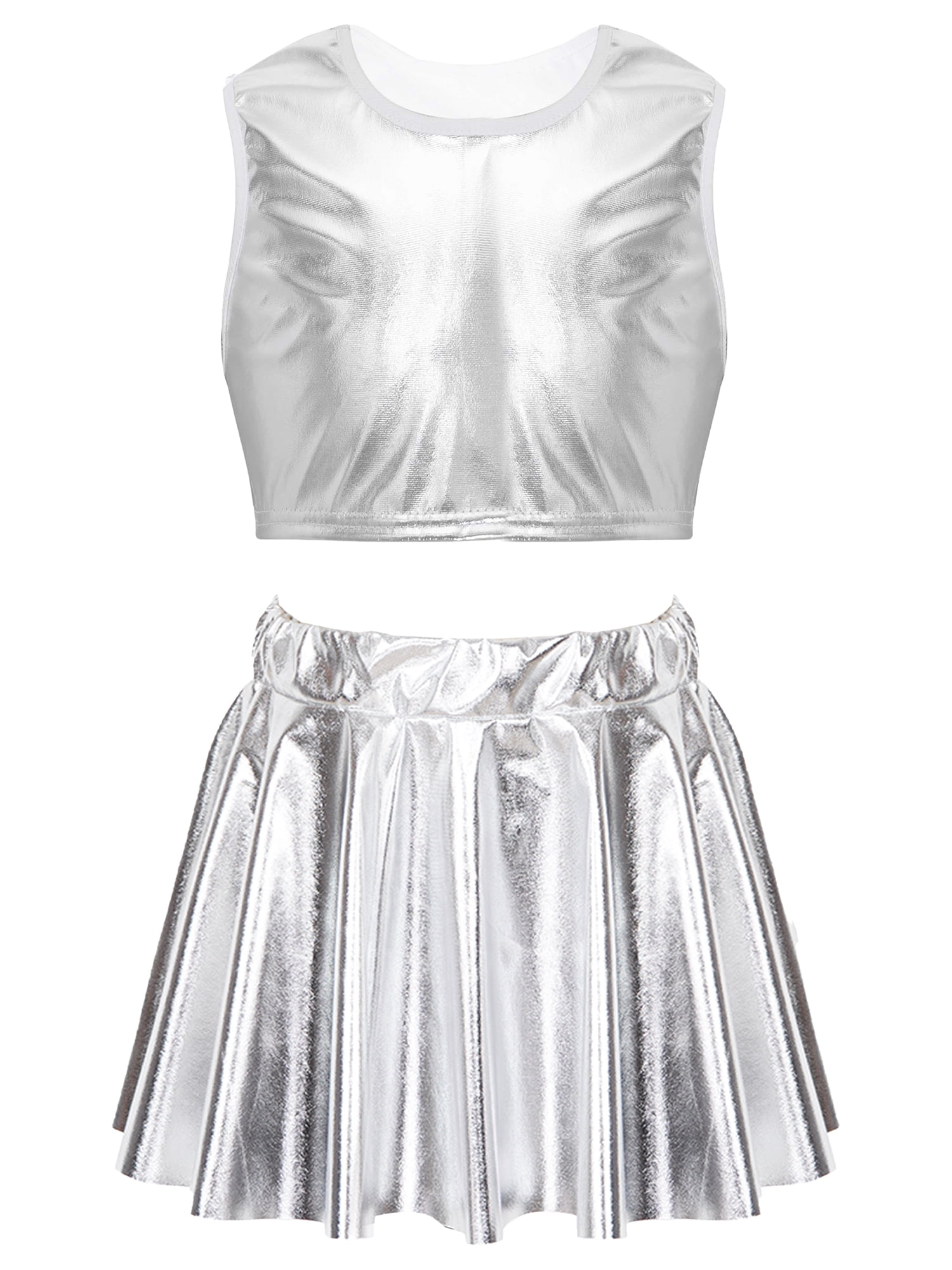 YIZYIF Kids Girls Shiny Metallic Crop Top with A-Line Pleated Skirt Set ...