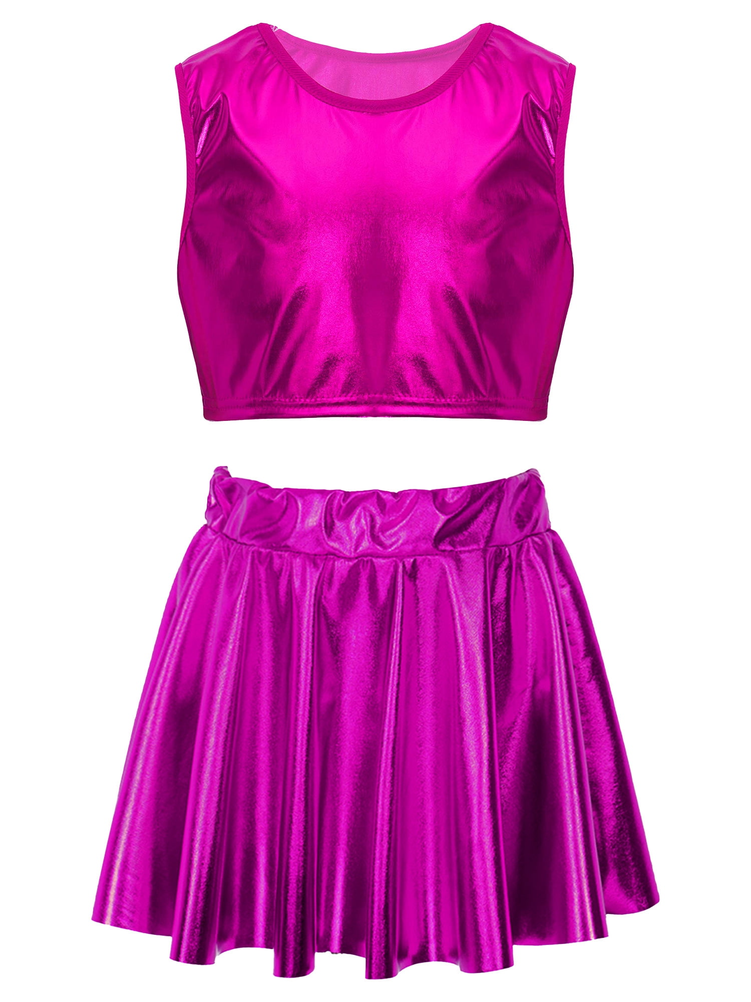 YIZYIF Kids Girls Shiny Metallic Crop Top with A-Line Pleated Skirt Set ...