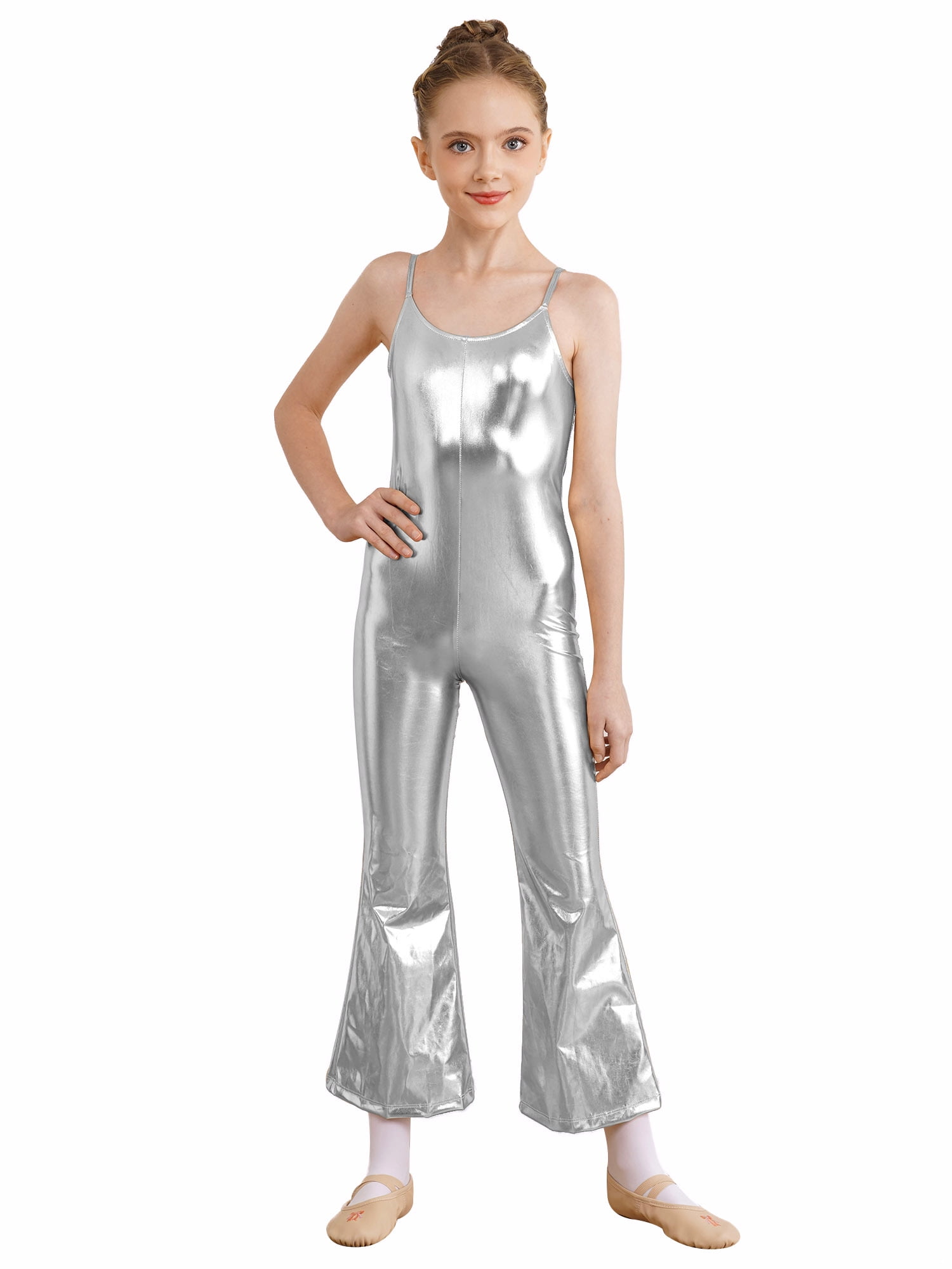 YIZYIF Kids Girls Shiny Metallic Gymnastics Jumpsuit Adjustable Straps ...