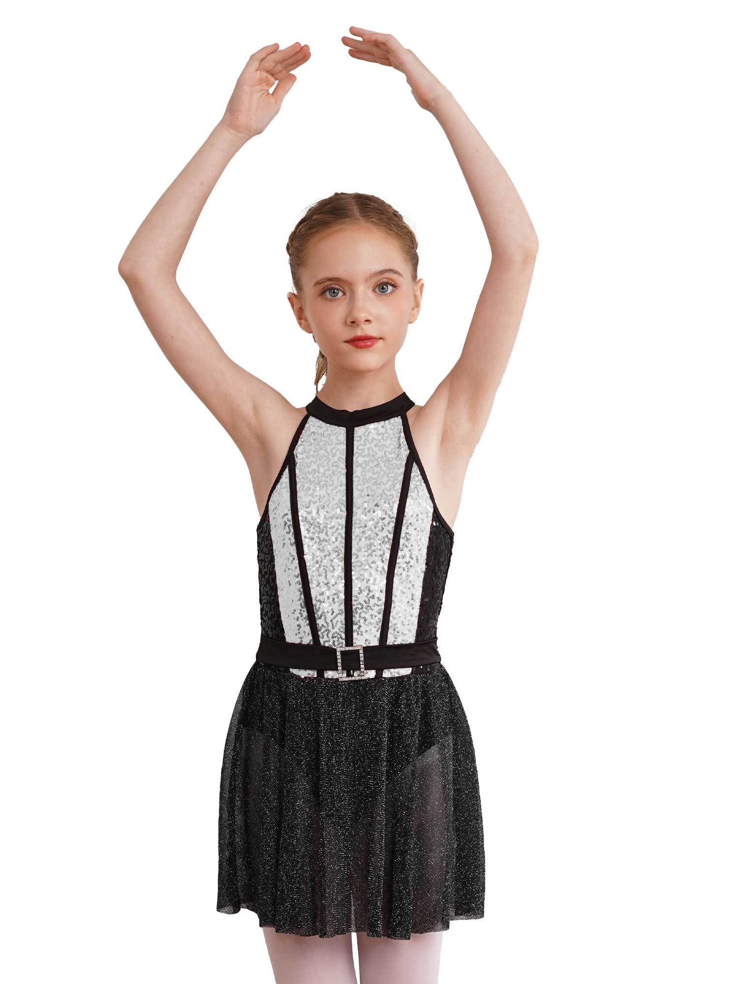 YIZYIF Kids Girls Shiny Sequins Figure Skating Dress Glittery Backless ...