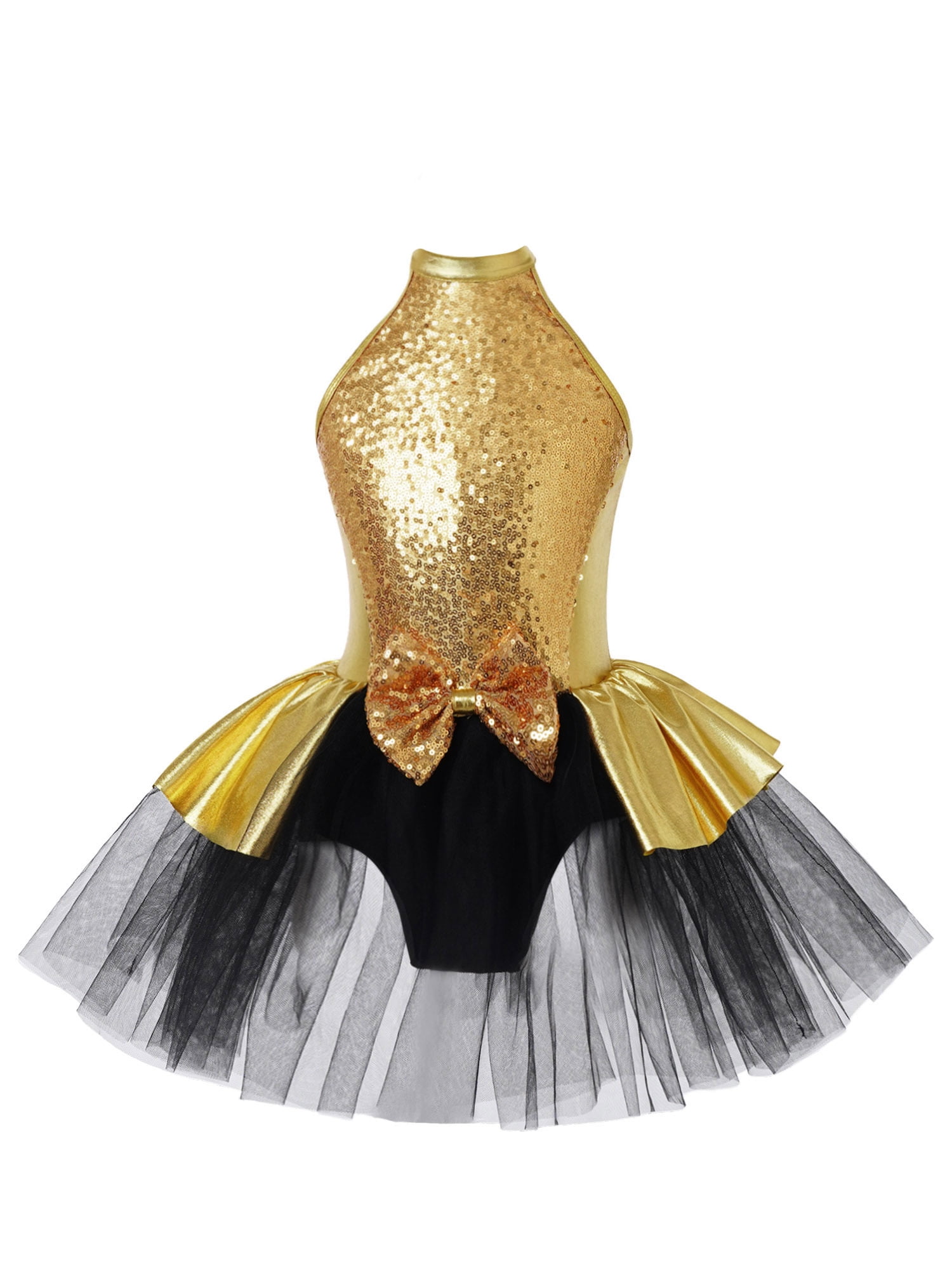 YIZYIF Kids Girls Sparkly Sequins Halter Cutout Back Ballet Dance Tutu ...