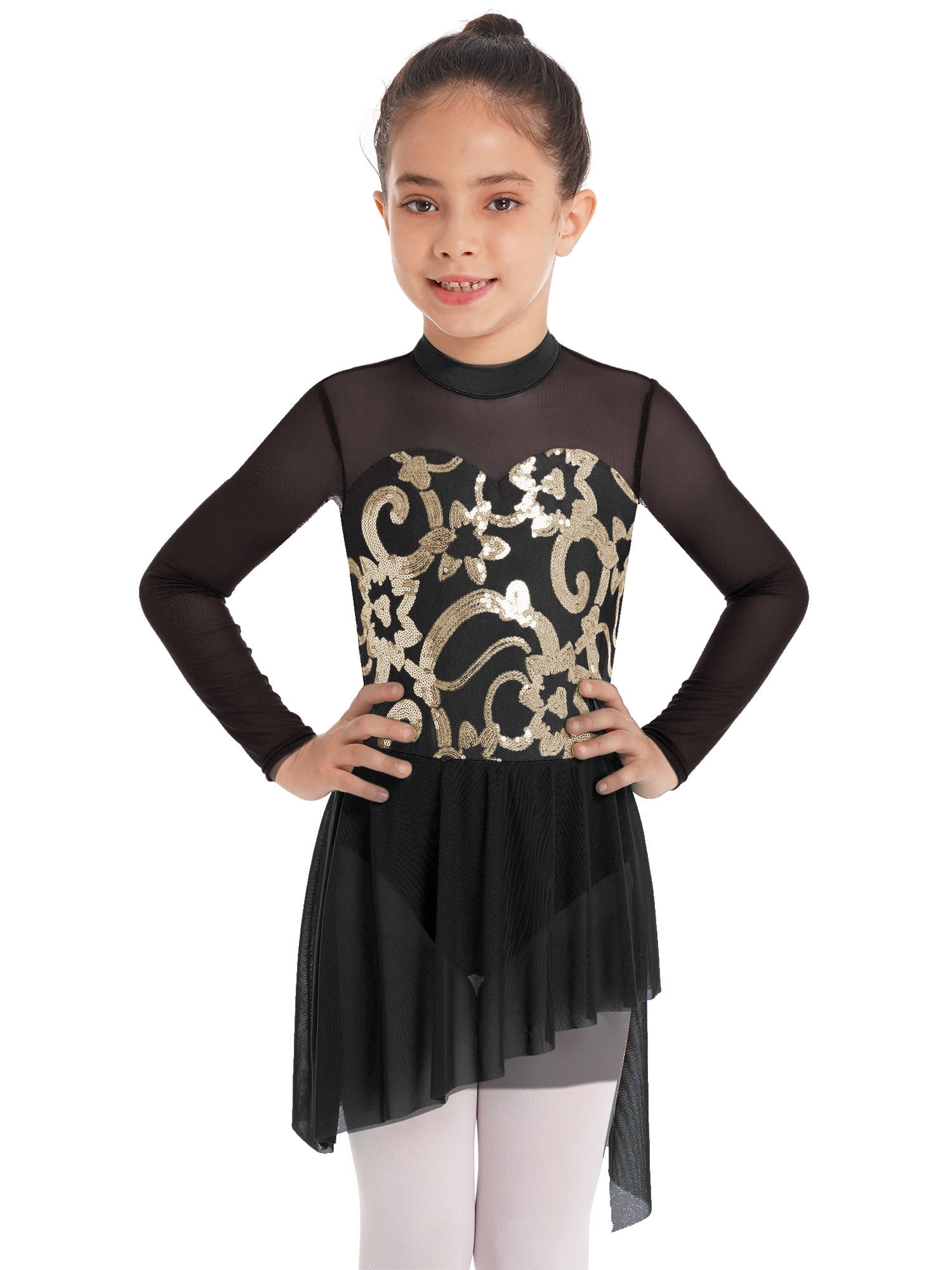 YIZYIF Kids Girls Sparkly Sequins Modern Dance Figure Skating Dress Long Sleeve Irregular Hem ...