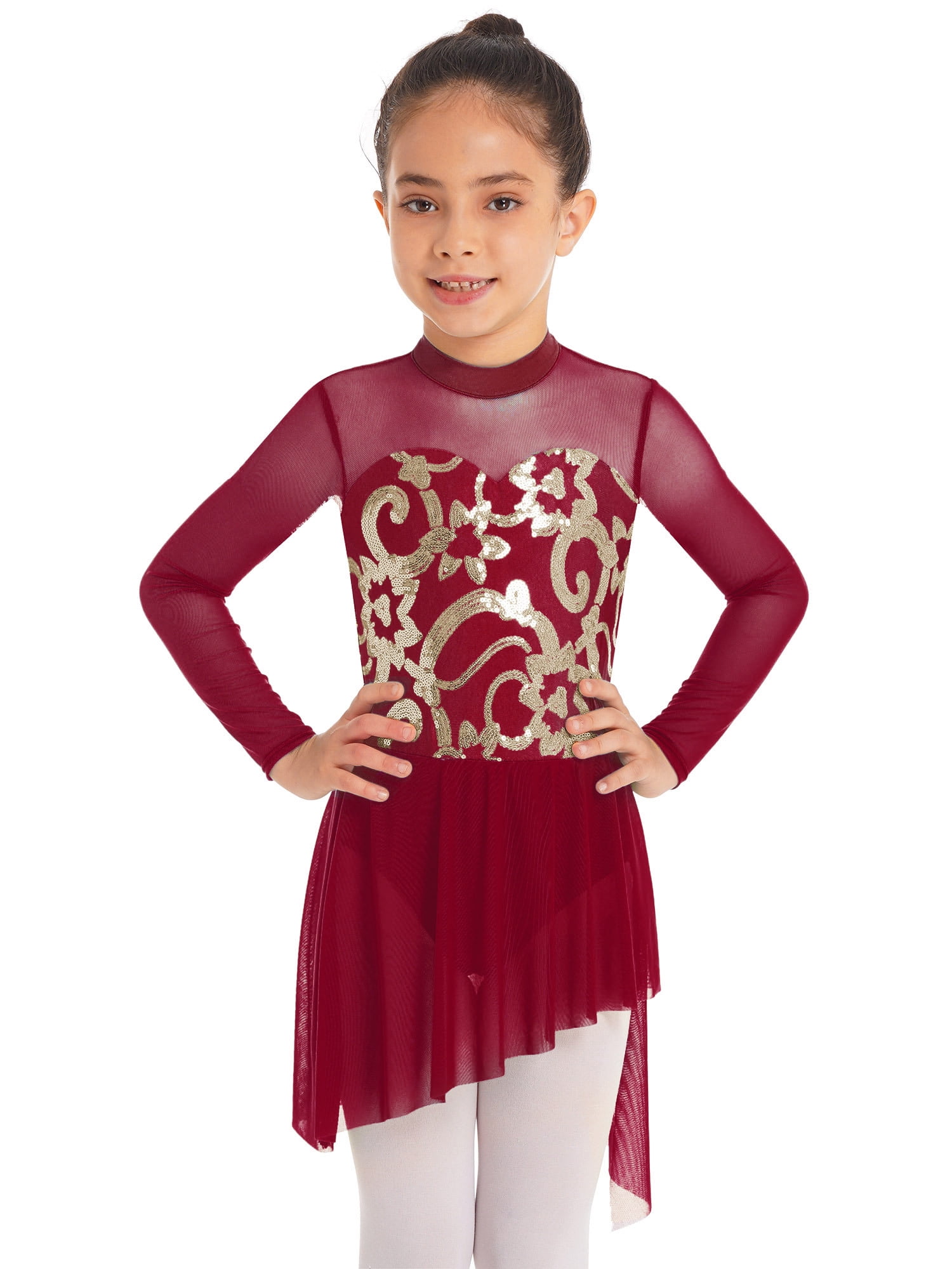 YIZYIF Kids Girls Sparkly Sequins Modern Dance Figure Skating Dress ...