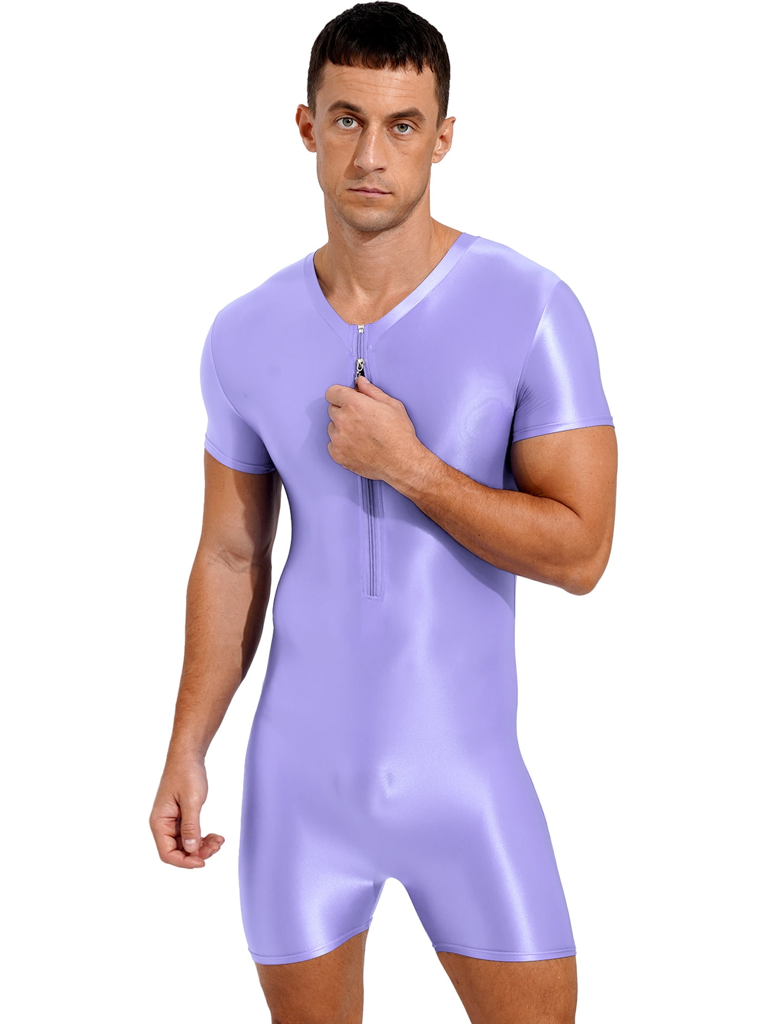YIZYIF Mens Glossy Front Zipper Bodysuit Jumpsuit Spandex One-Piece ...