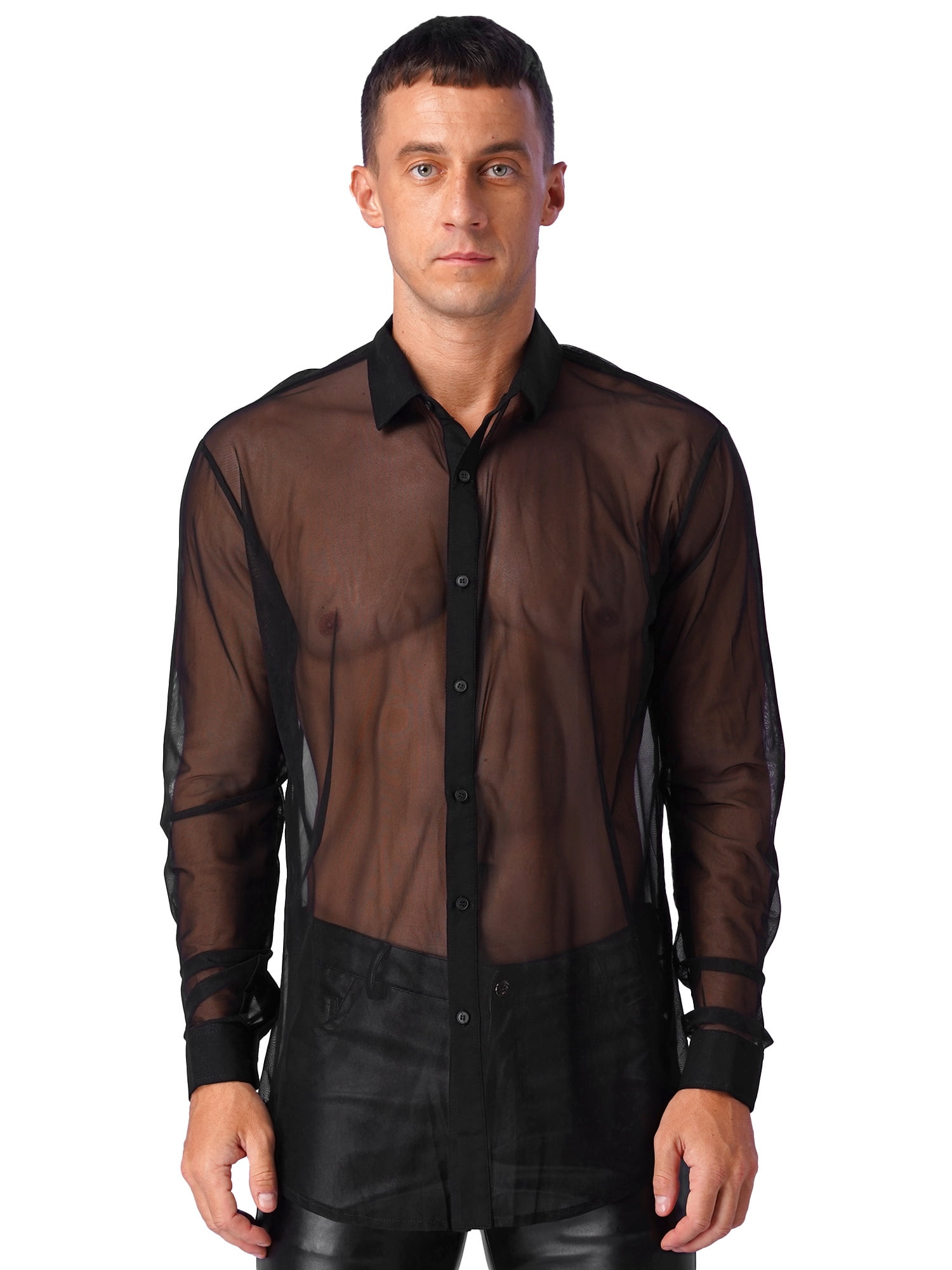YIZYIF Mens See Through Mesh Long Sleeve T Shirt Casual Button Down Tops Club Beach Wear A Black Large Walmart