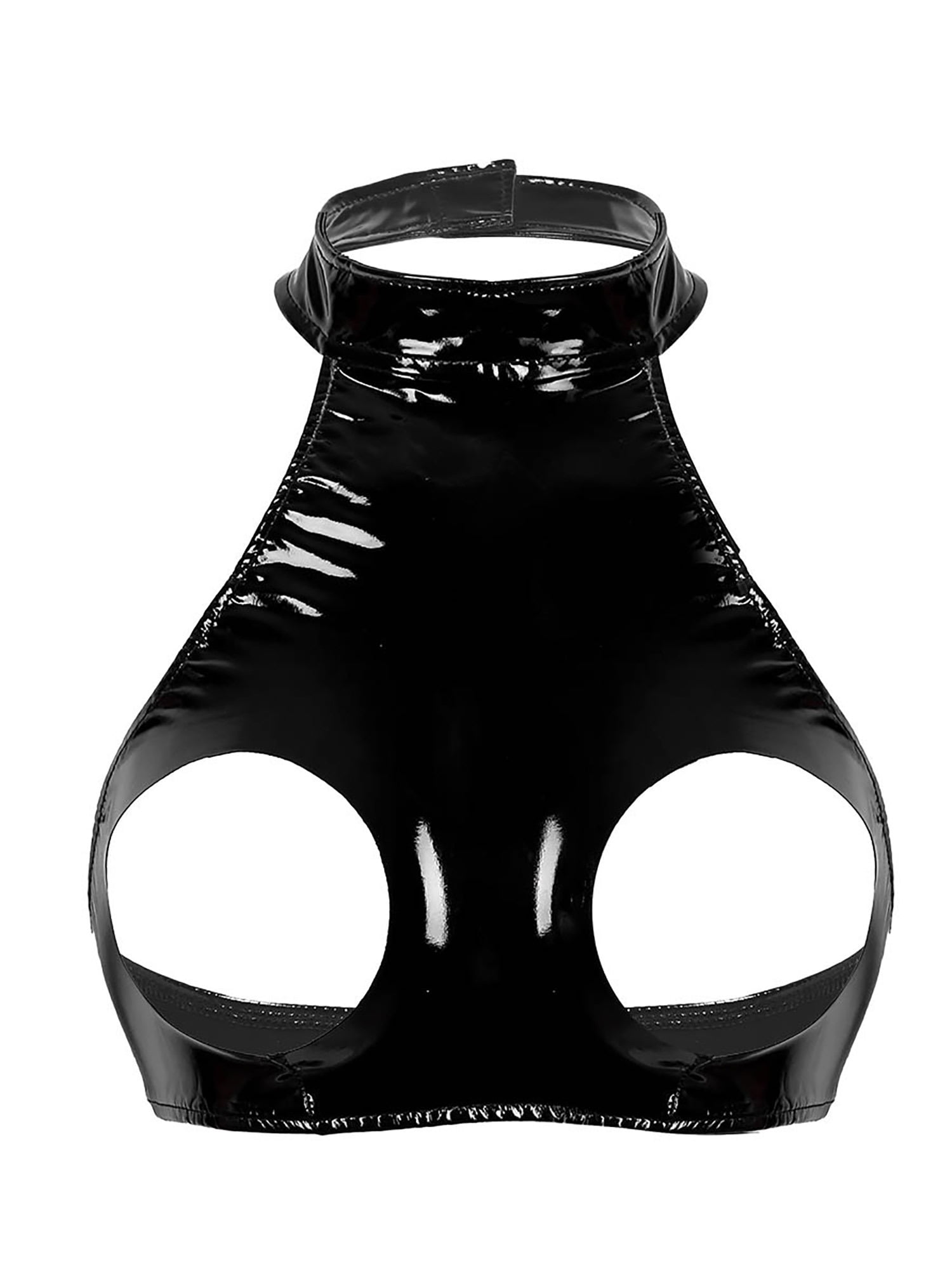 YIZYIF Womens Faux Leather Open Bust Crop Top Halter Neck Wet Look ...