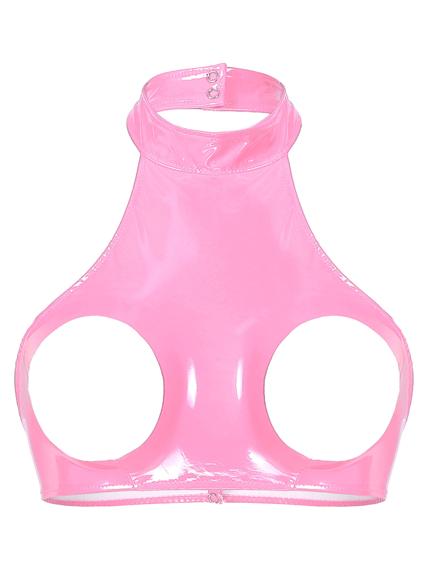 YIZYIF Womens Faux Leather Open Bust Crop Top Halter Neck Wet Look ...