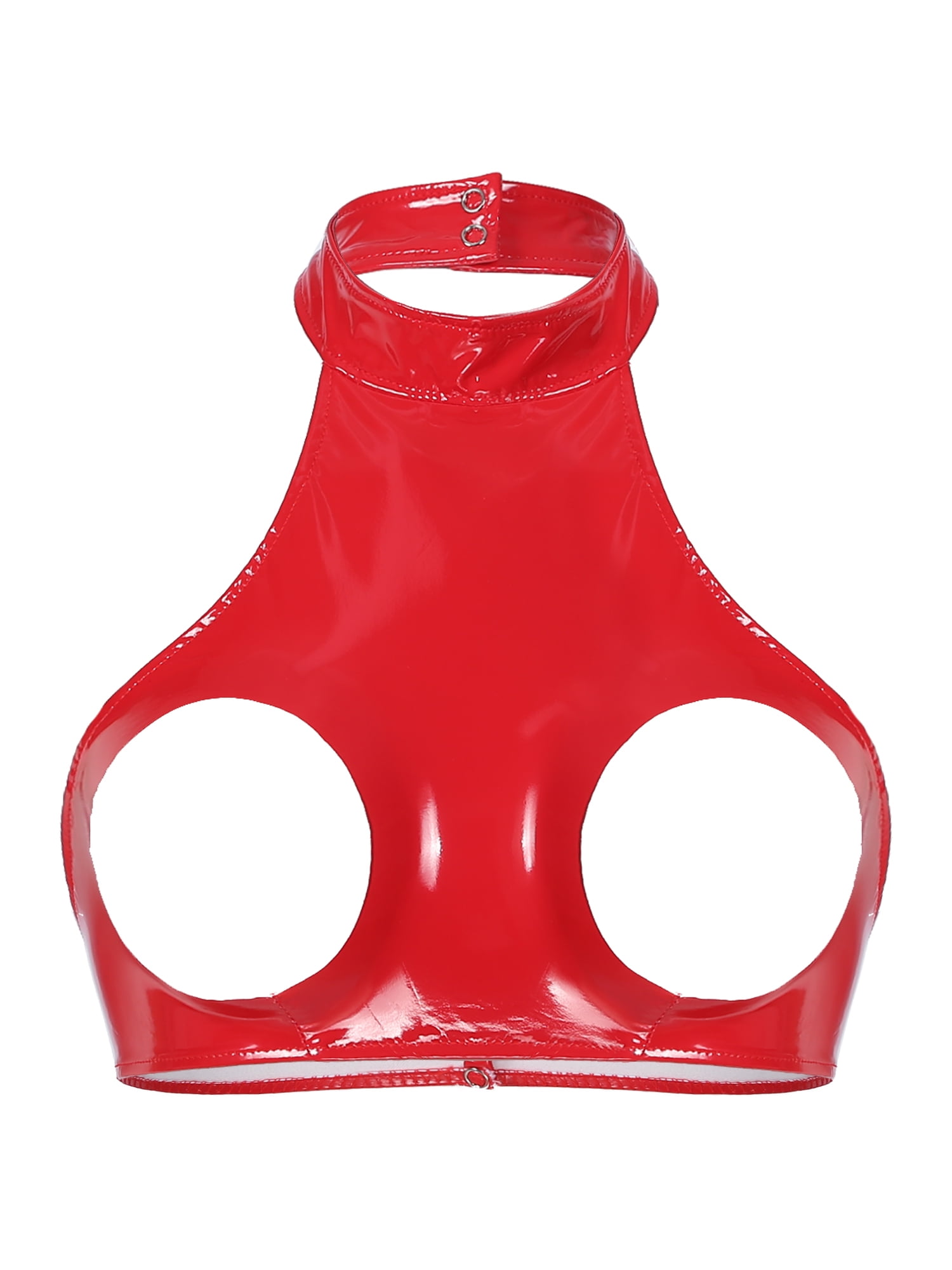 YIZYIF Womens Faux Leather Open Bust Crop Top Halter Neck Wet Look ...