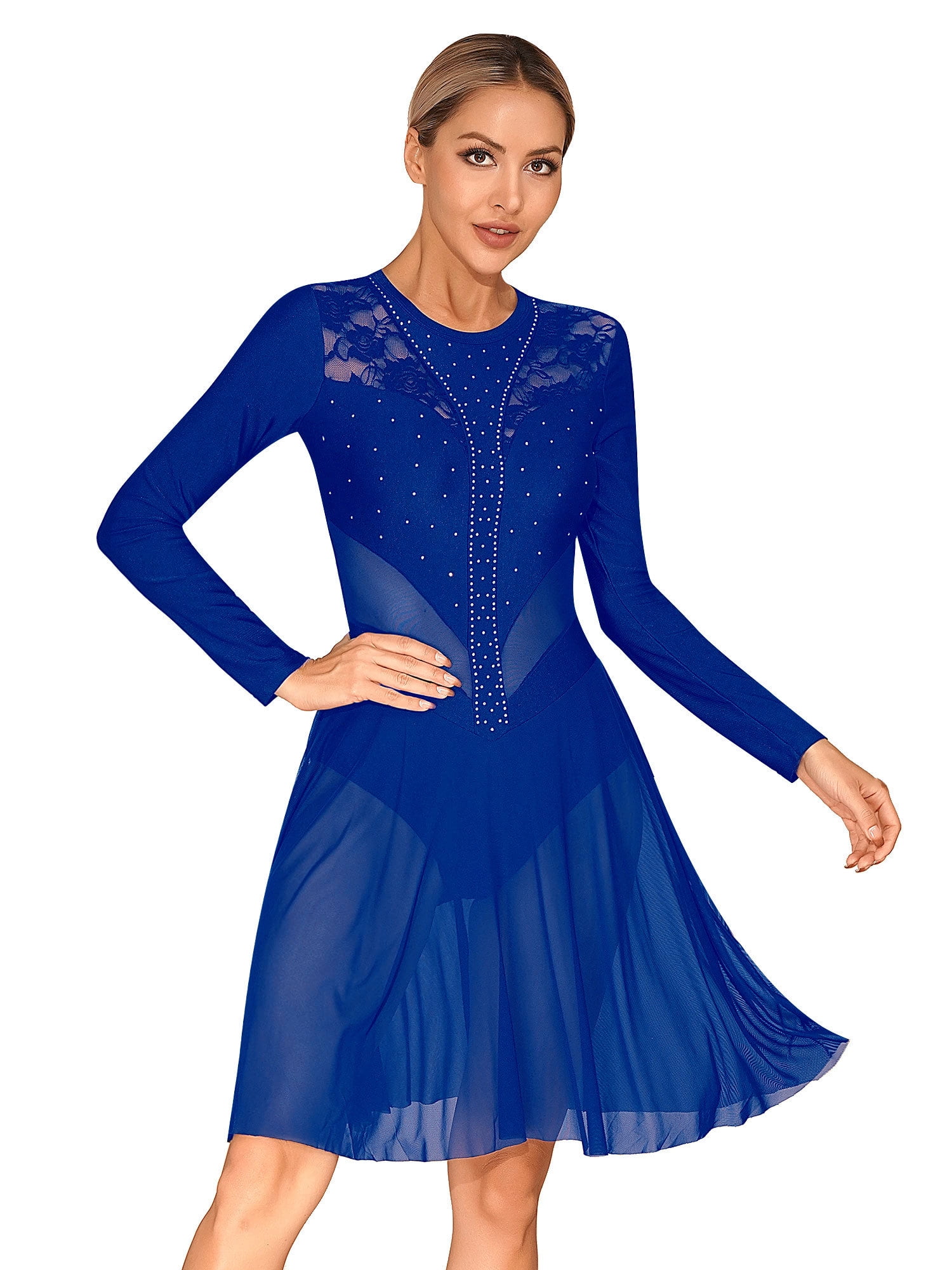 Yizyif Womens Floral Lace Figure Ice Skating Costume Long Sleeve