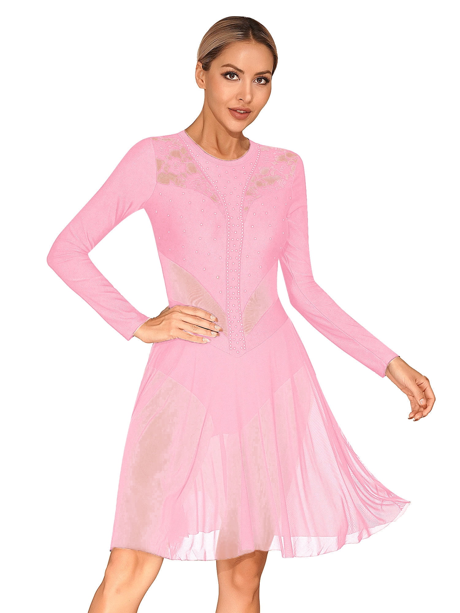 Yizyif Womens Floral Lace Figure Ice Skating Costume Long Sleeve